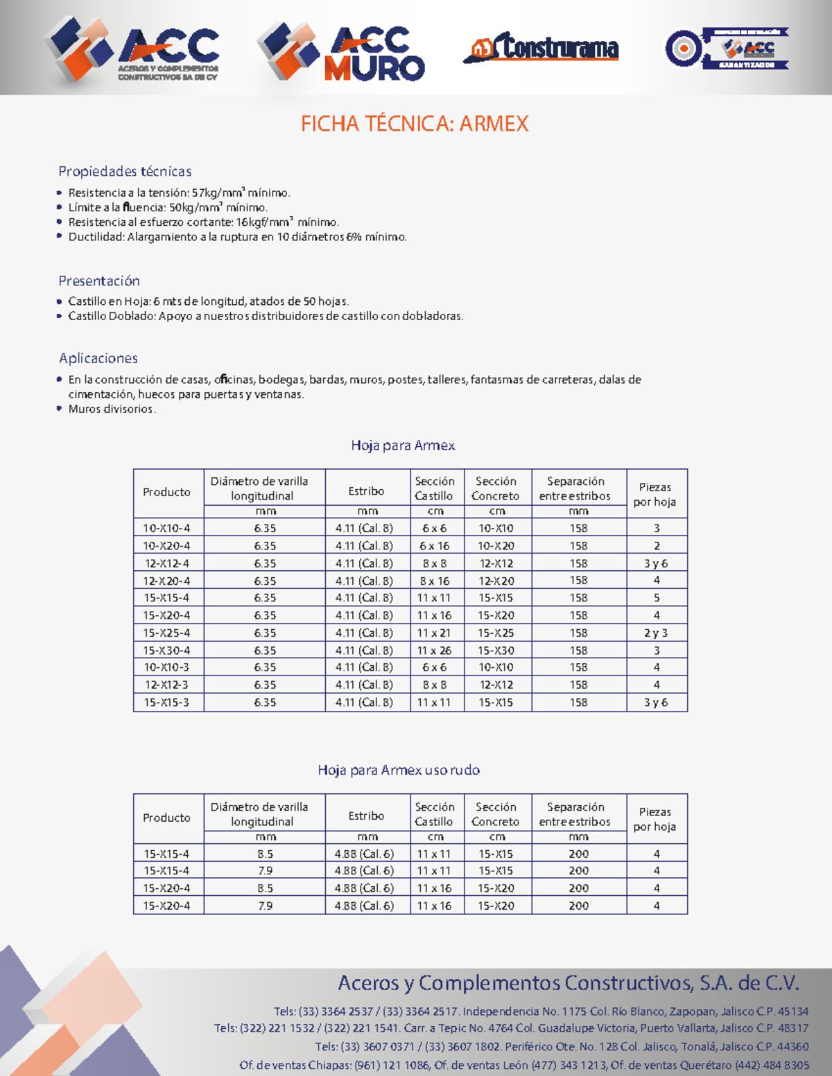 Ficha técnica armex - SERVICIOS DE INSTALACIÓN G A R A N T I Z A D O S ACEROS Y COMPLEMENTOS ...