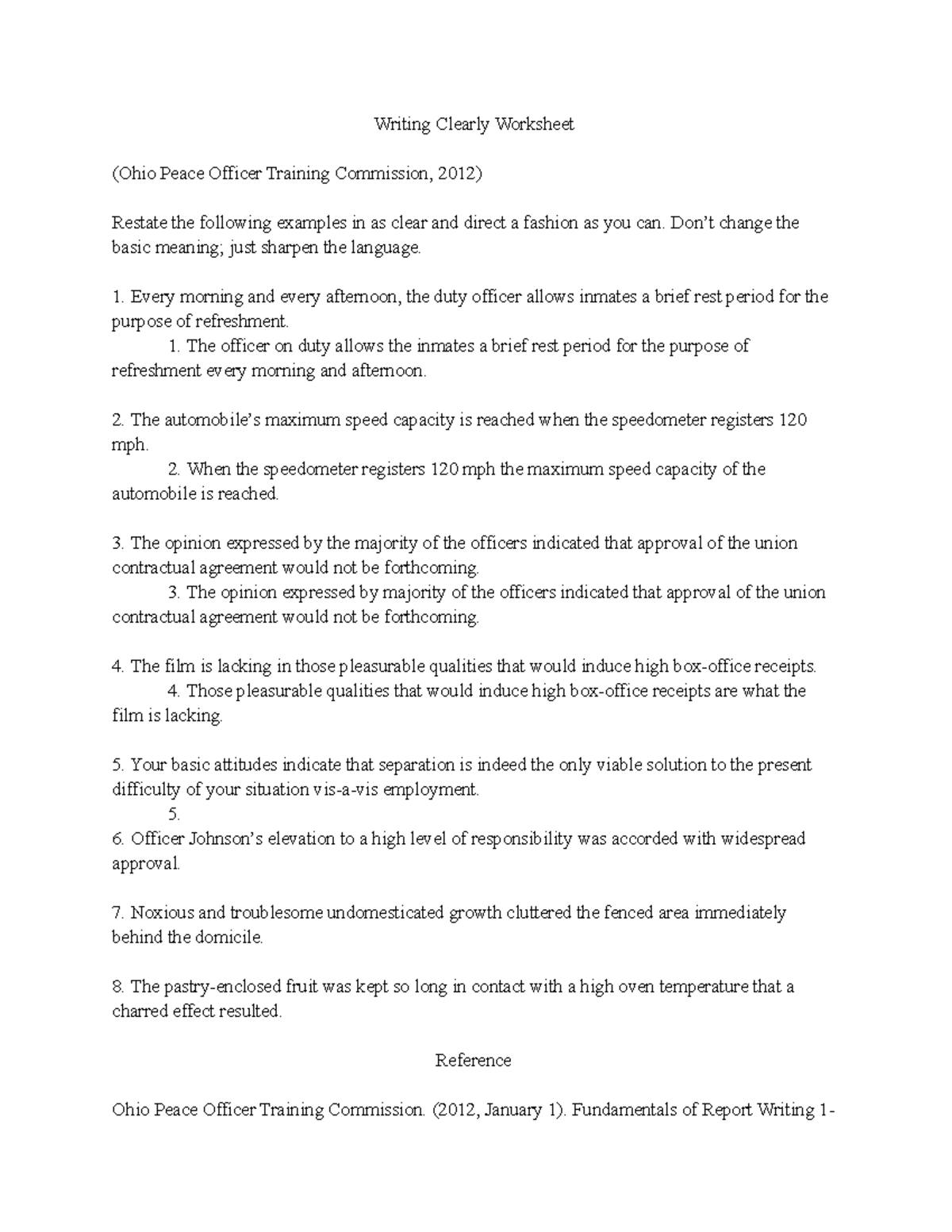 Writing Clearly Worksheet - Writing Clearly Worksheet (Ohio Peace ...