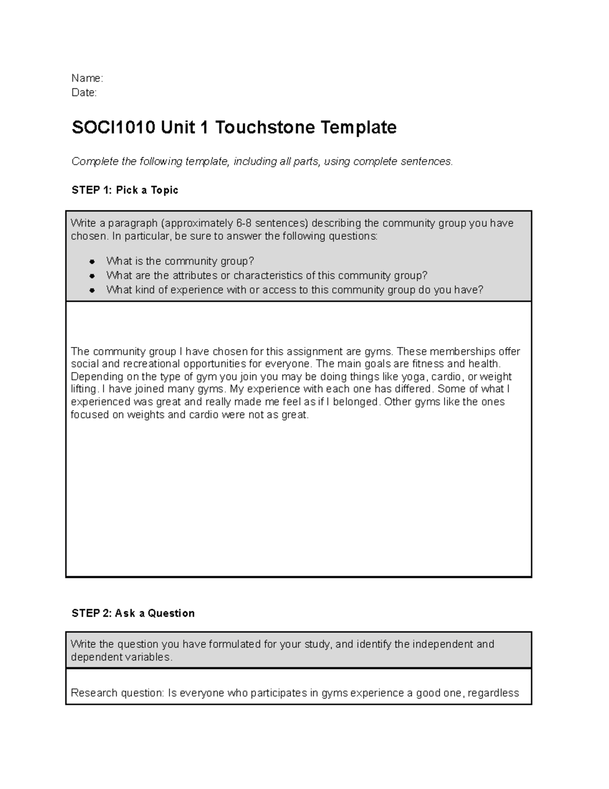 SOCI1010 Touchstone 1 Template (2) - Name: Date: SOCI1010 Unit 1 ...