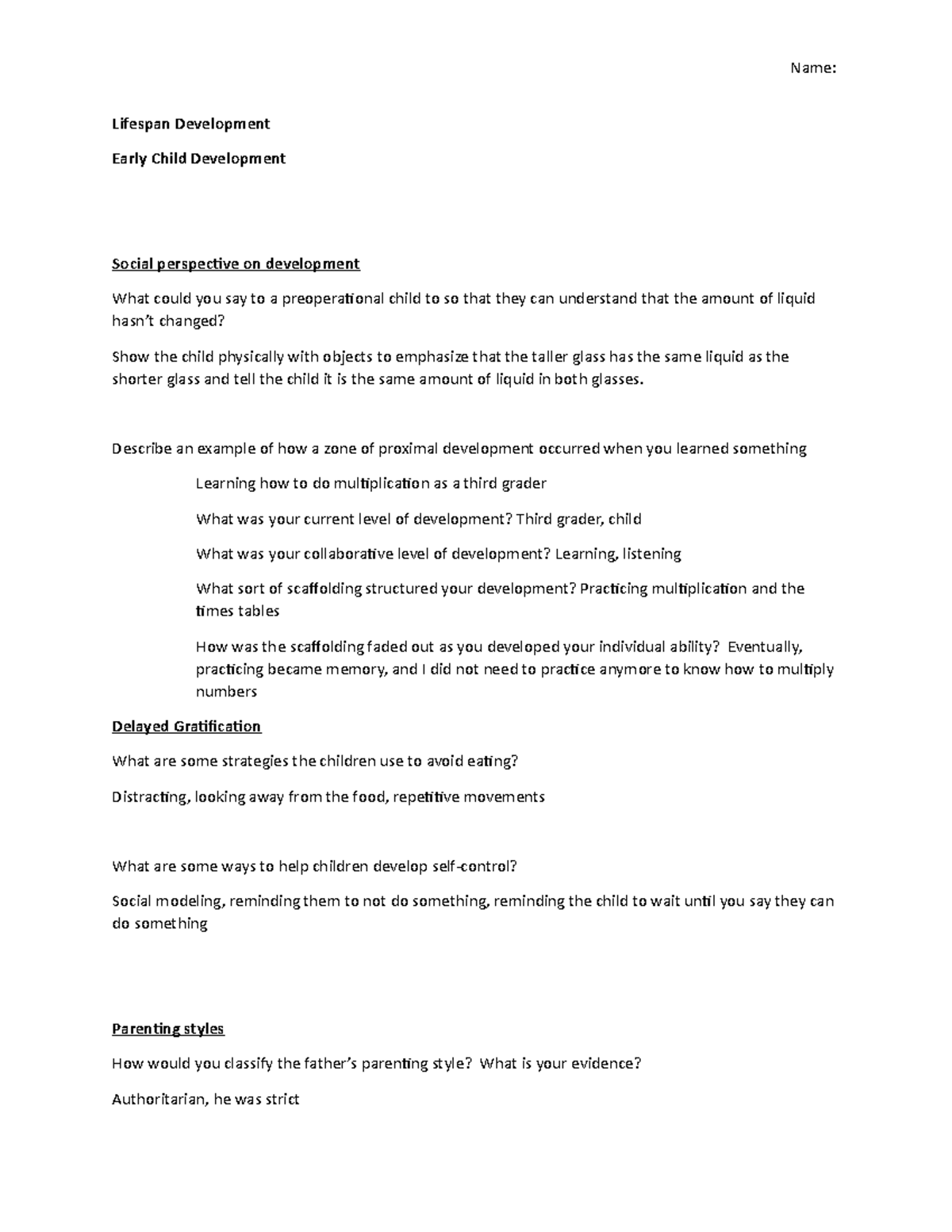 Worksheet - scaffolding and socioemotional development - Name: Lifespan ...