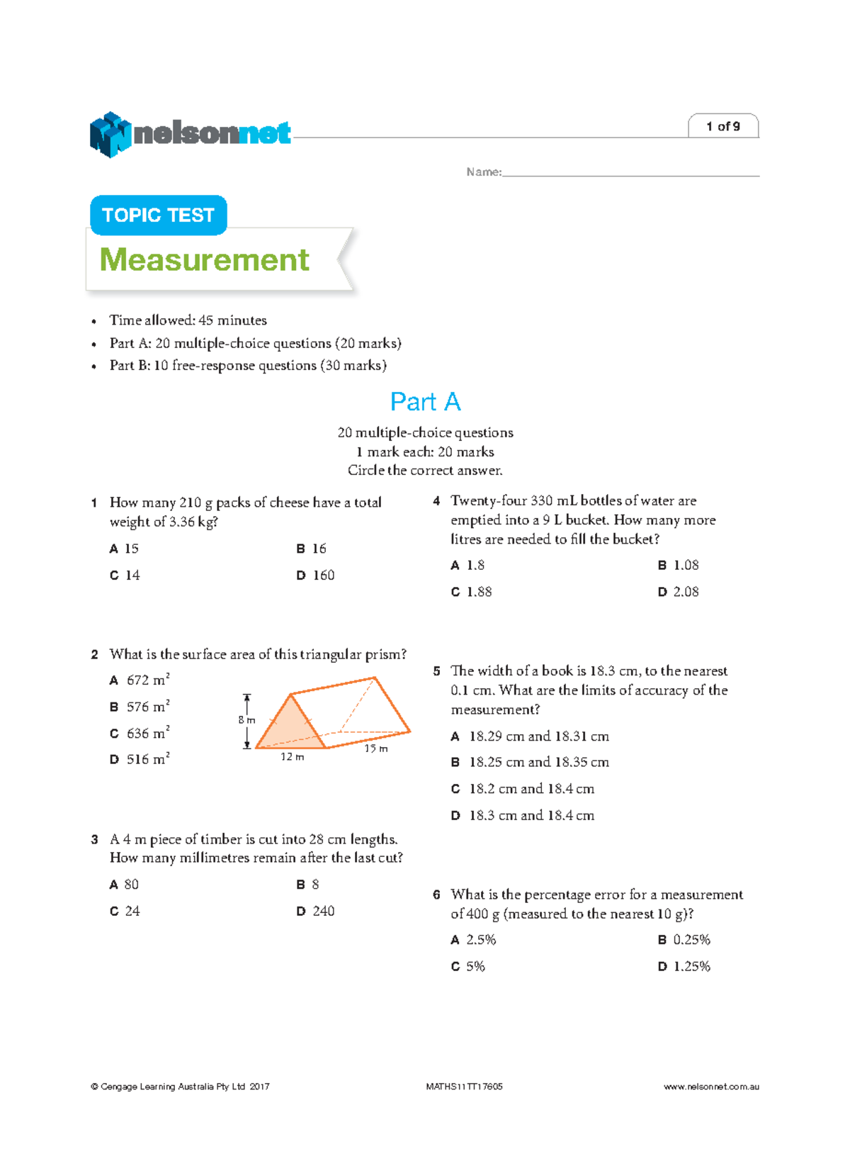 Measurement topic test - Name: Measurement • Time allowed: 45 minutes ...