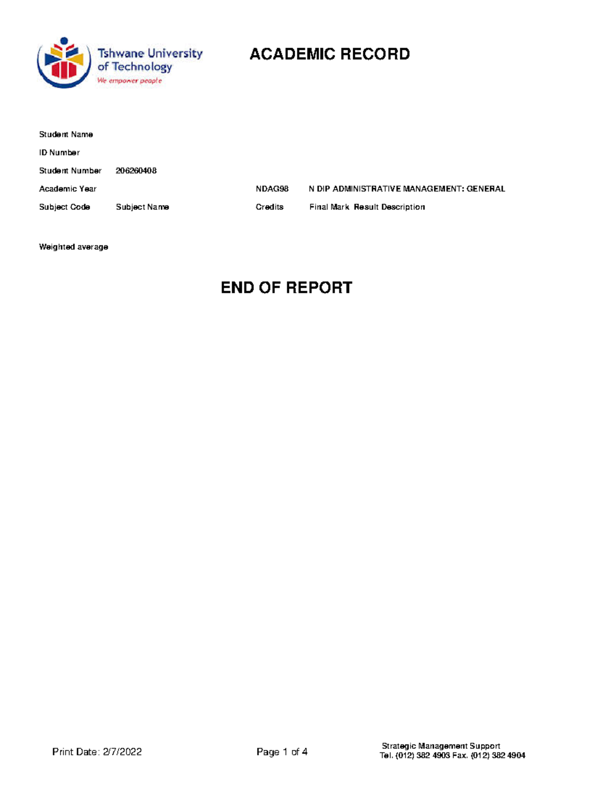 A Students Academic Record (1) - Student Name ID Number Student Number ...