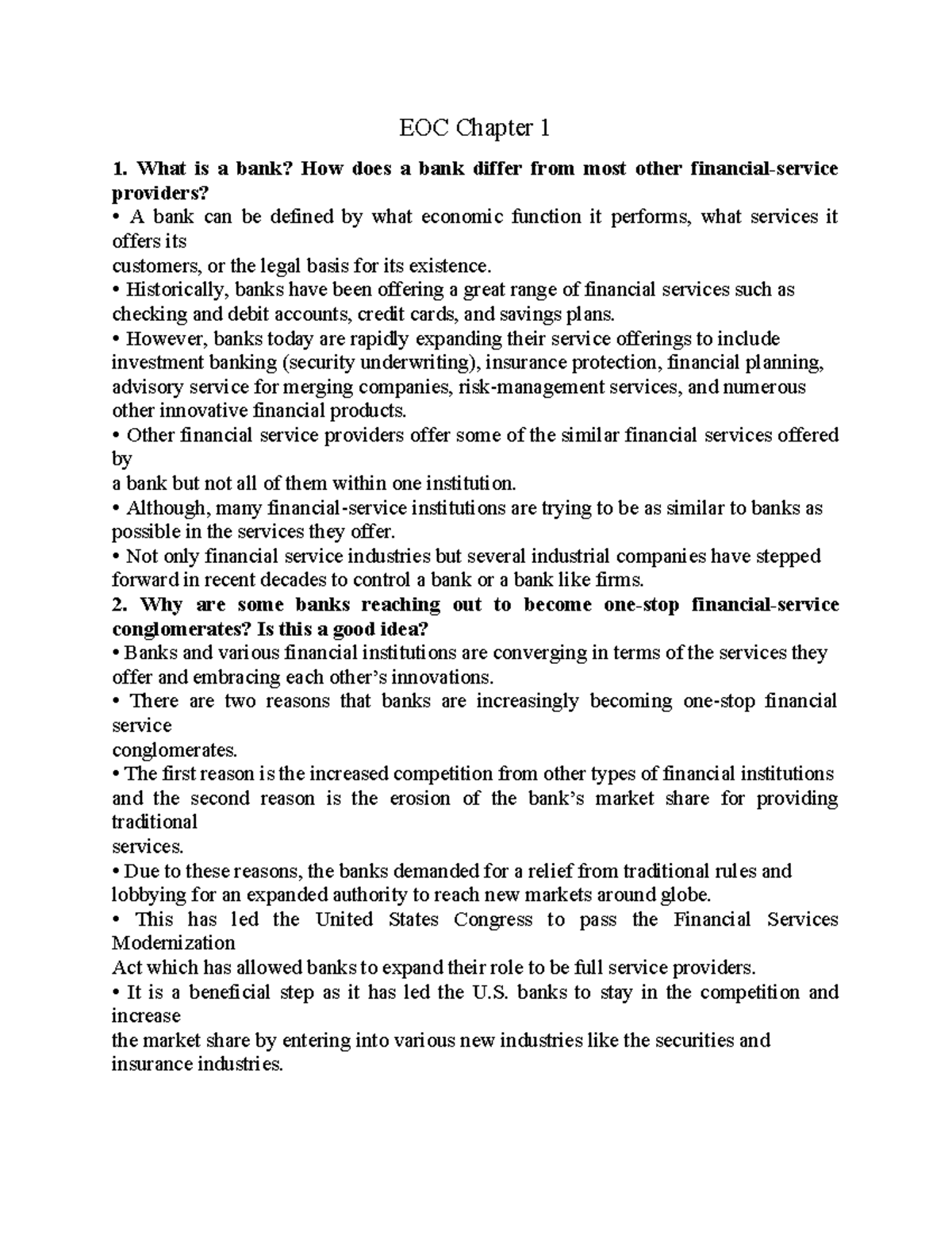 EOC Chapter 1 - Historically, banks have been offering a great range of financial services such ...