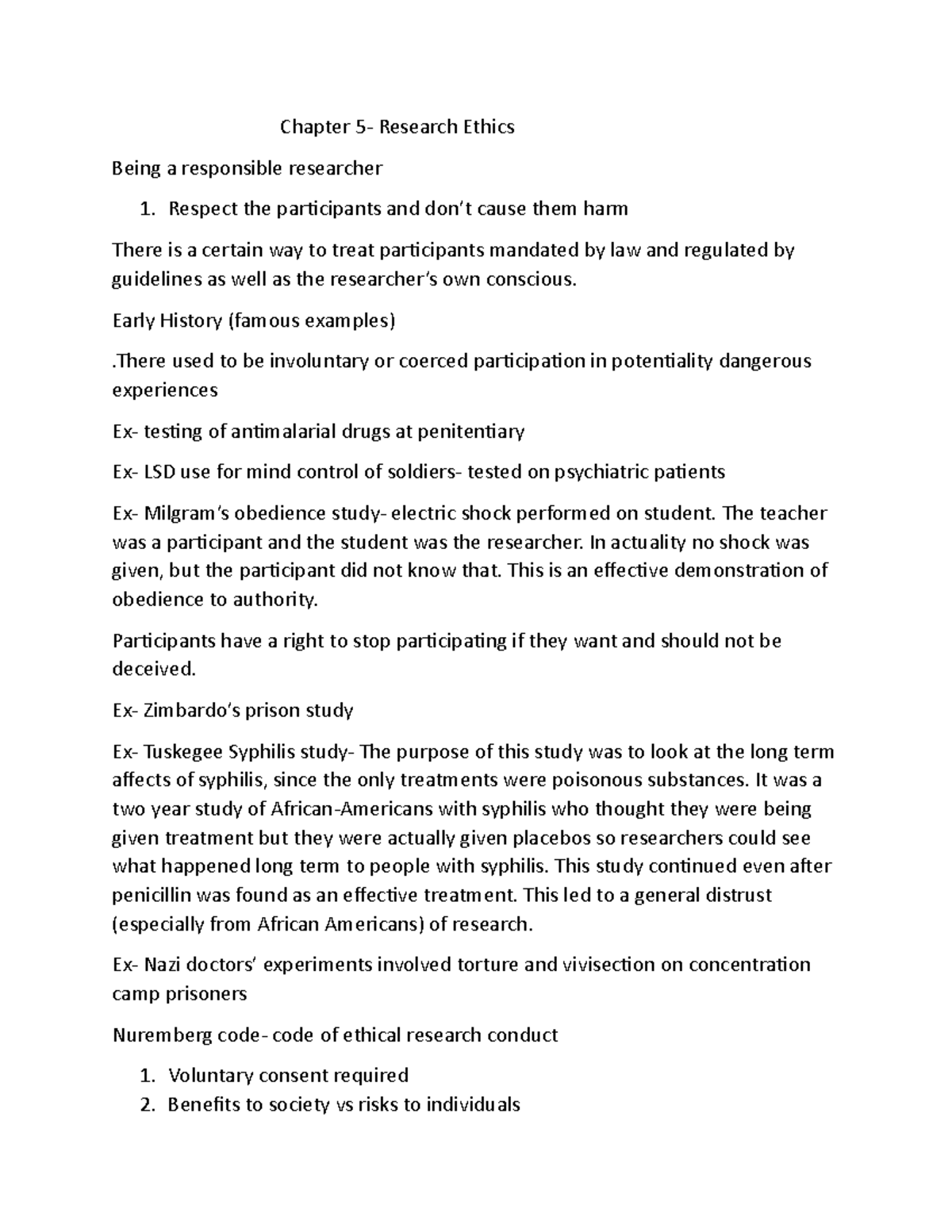 Ch5notes - Lecture notes from week 5. - Chapter 5- Research Ethics ...