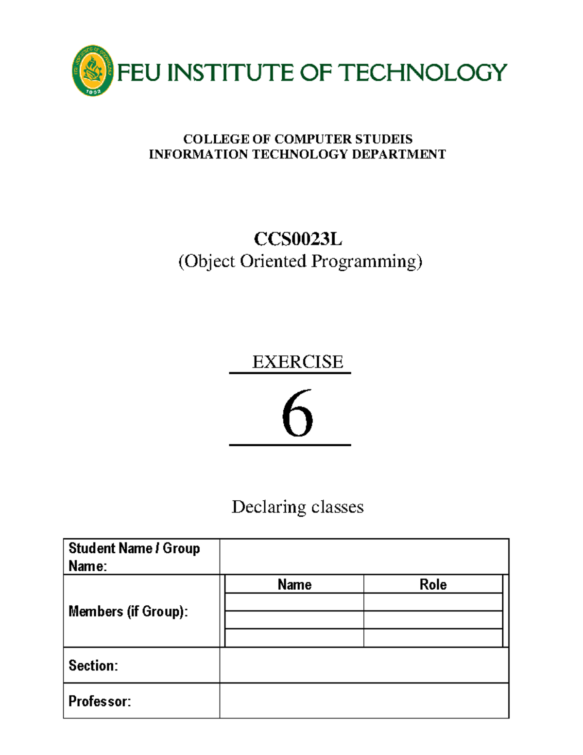 Lab Exp 6 (Declaring classes) CS0070L - COLLEGE OF COMPUTER STUDEIS INFORMATION TECHNOLOGY - Studocu