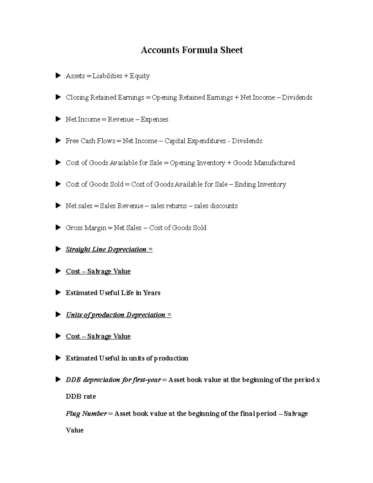 Accounts Formula Sheet - Studocu