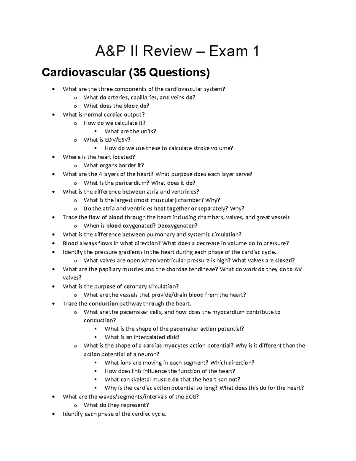 Review Exam 1 - A&P II Review – Exam 1 Cardiovascular (35 Questions ...