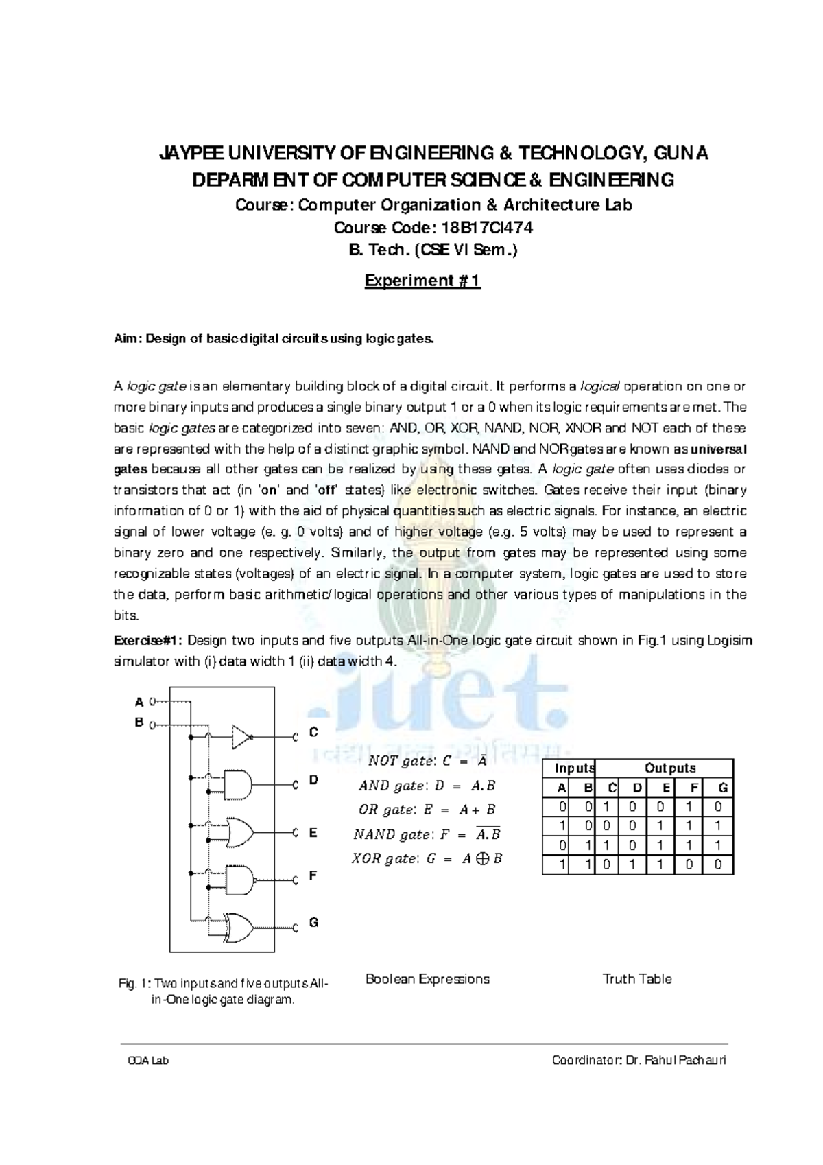 Experiment 1 - COA Lab Coordinator: Dr. Rahul Pachauri JAYPEE UNIVERSITY OF ENGINEERING & - Studocu