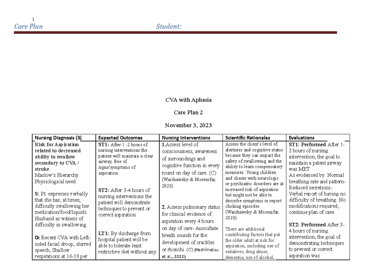 Care Plan -2 Med Surg II 2630-300 - Care Plan Student: CVA with Aphasia ...