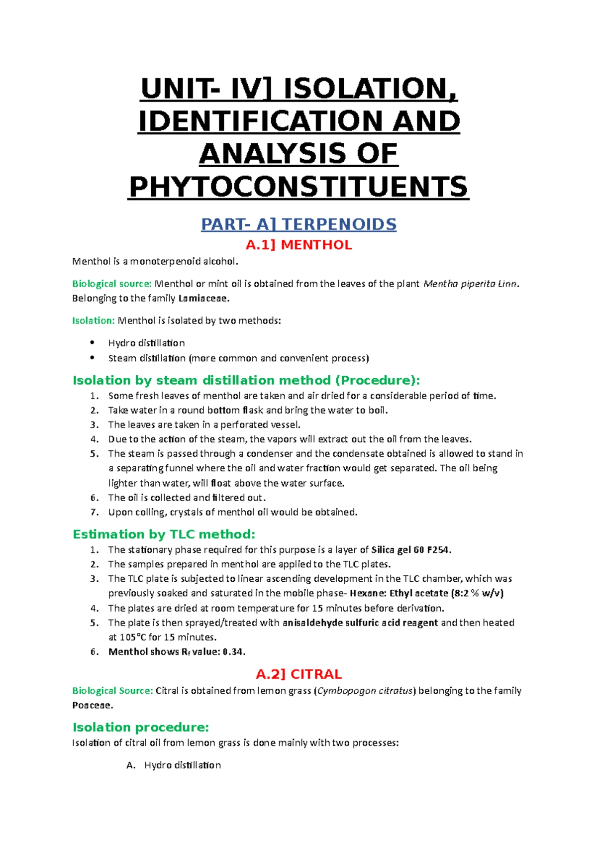 UNIT-4. Isolation, Identification AND Analysis OF Phytoconstituents - UNIT- IV] ISOLATION, - Studocu