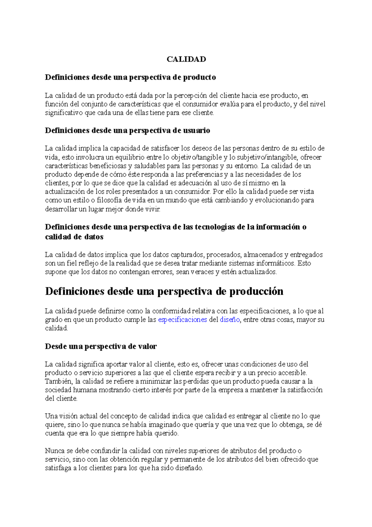 Calidad - CALIDAD Definiciones desde una perspectiva de producto La ...