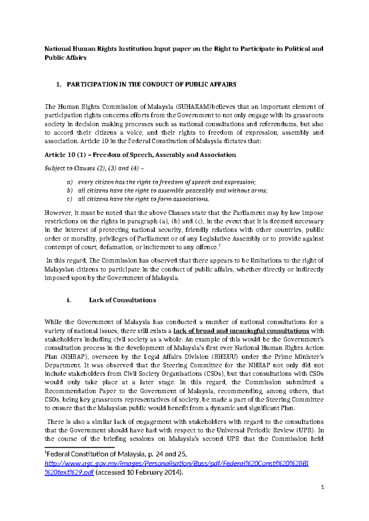 Malaysia HRC - National Human Rights Institution Input paper on the ...