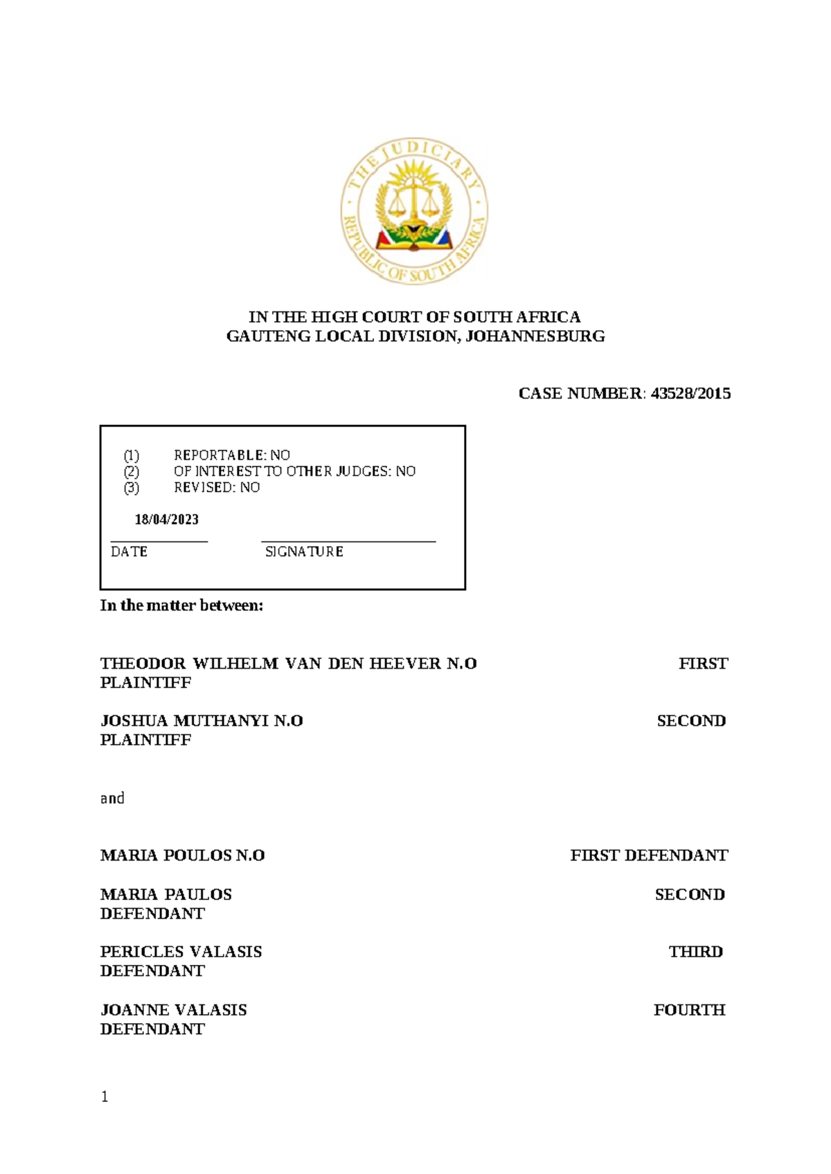 April 2 - Case Law - IN THE HIGH COURT OF SOUTH AFRICA GAUTENG LOCAL ...