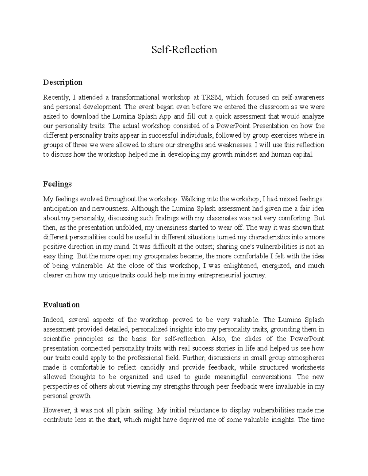 Self reflection - assignment - Self-Reflection Description Recently, I ...