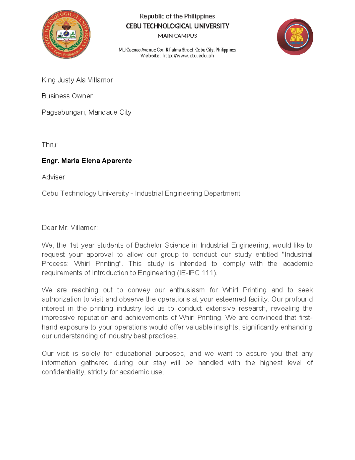 Transmittal Letter - CEBU TECHNOLOGICAL UNIVERSITY MAIN CAMPUS M.J ...