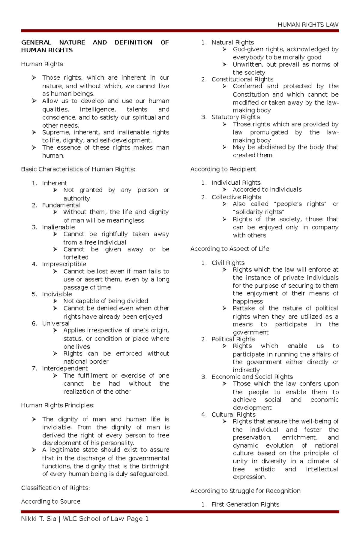 Human Rights Review Notes - GENERAL NATURE AND DEFINITION OF HUMAN ...