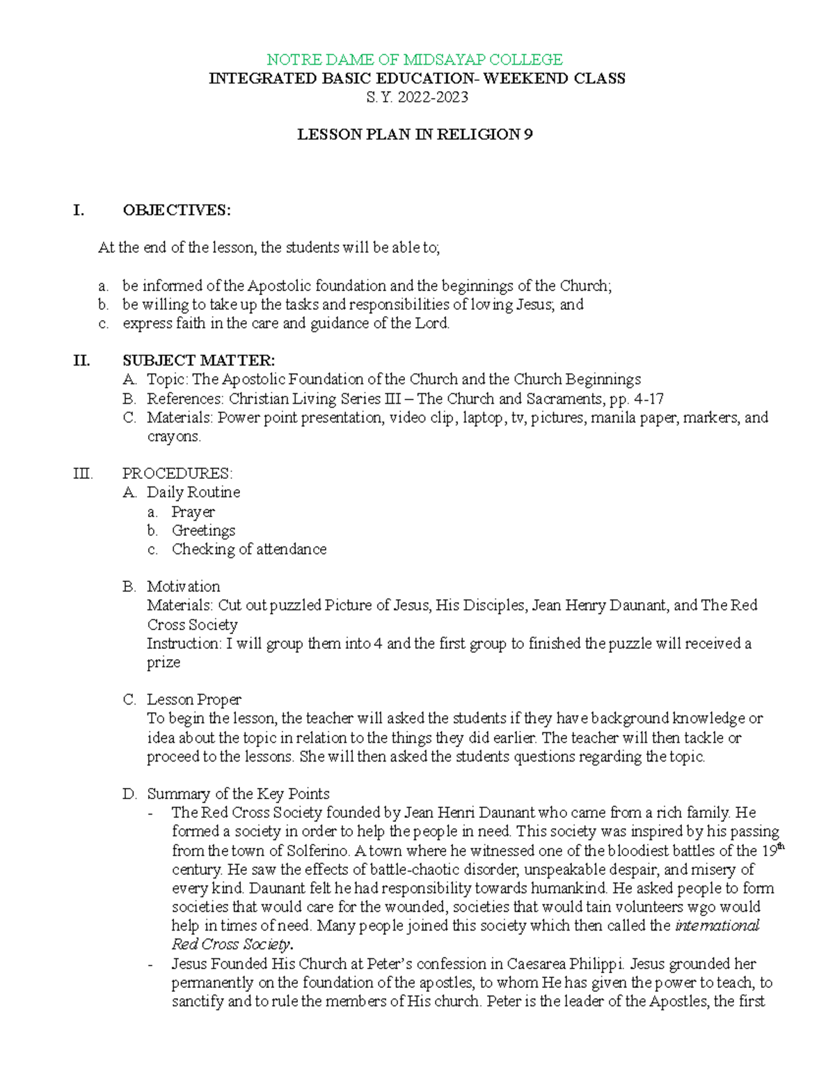 Lesson Plan RE 9 - 1 - N/A - NOTRE DAME OF MIDSAYAP COLLEGE INTEGRATED ...