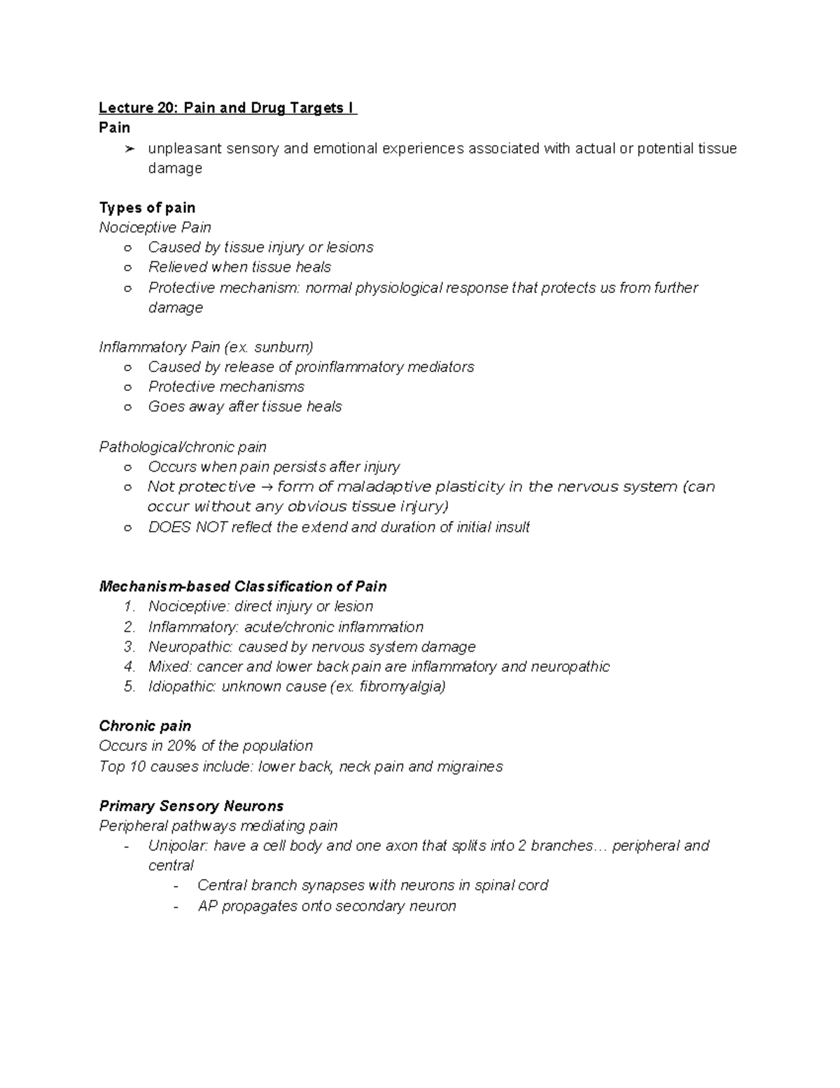 PHAR 562 Pain and Drug Targets - Lecture 20: Pain and Drug Targets I ...