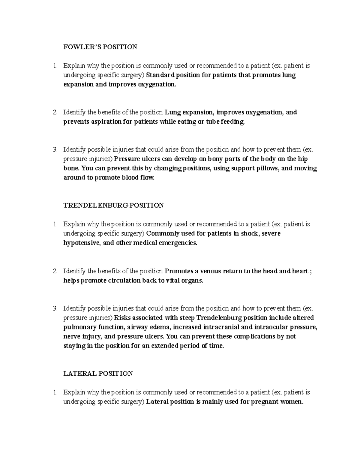 Positioning Patients Summary - FOWLER’S POSITION Explain why the ...