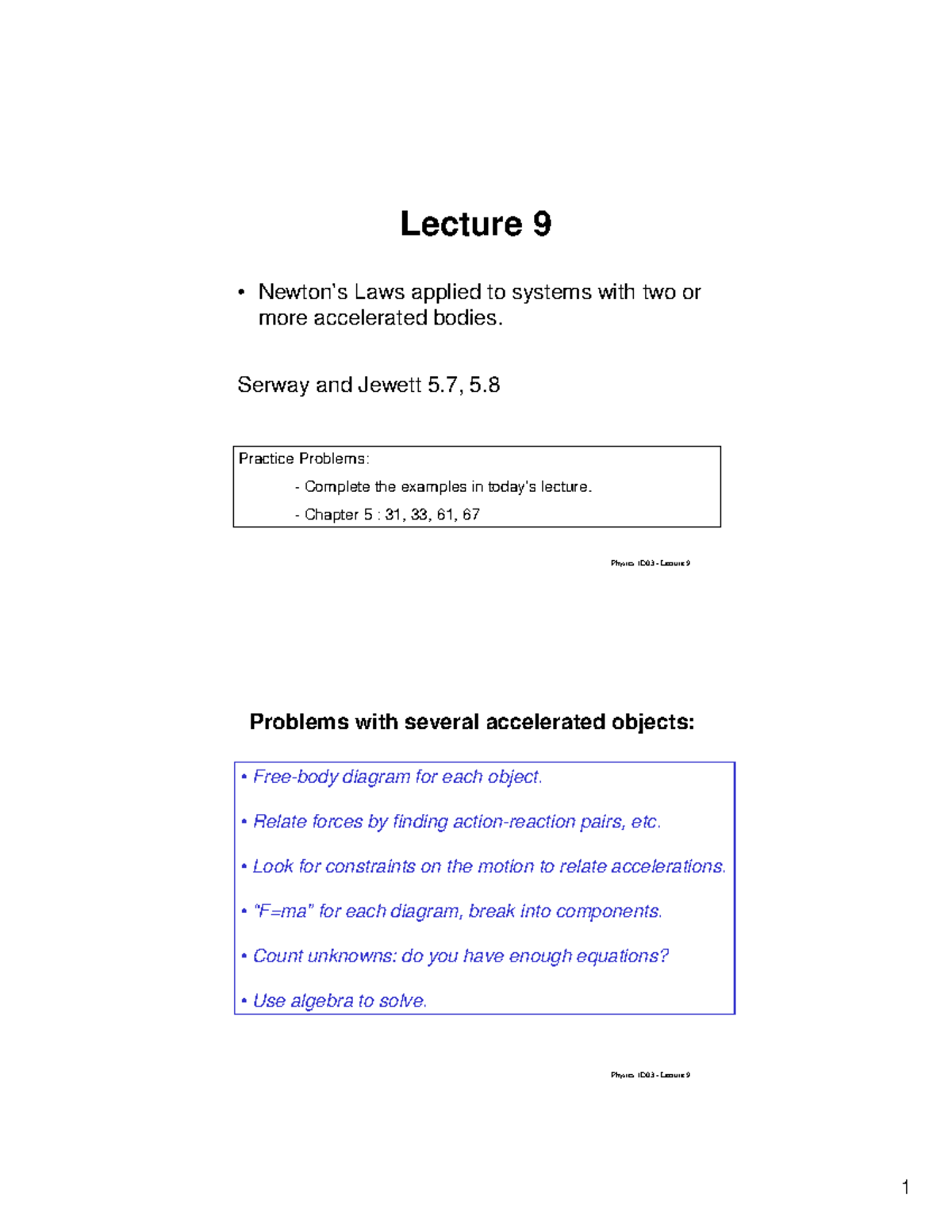 Lecture 9 Newtons Law Physics 1d03 Lecture 9 Lecture 9 Newton S Laws Applied To