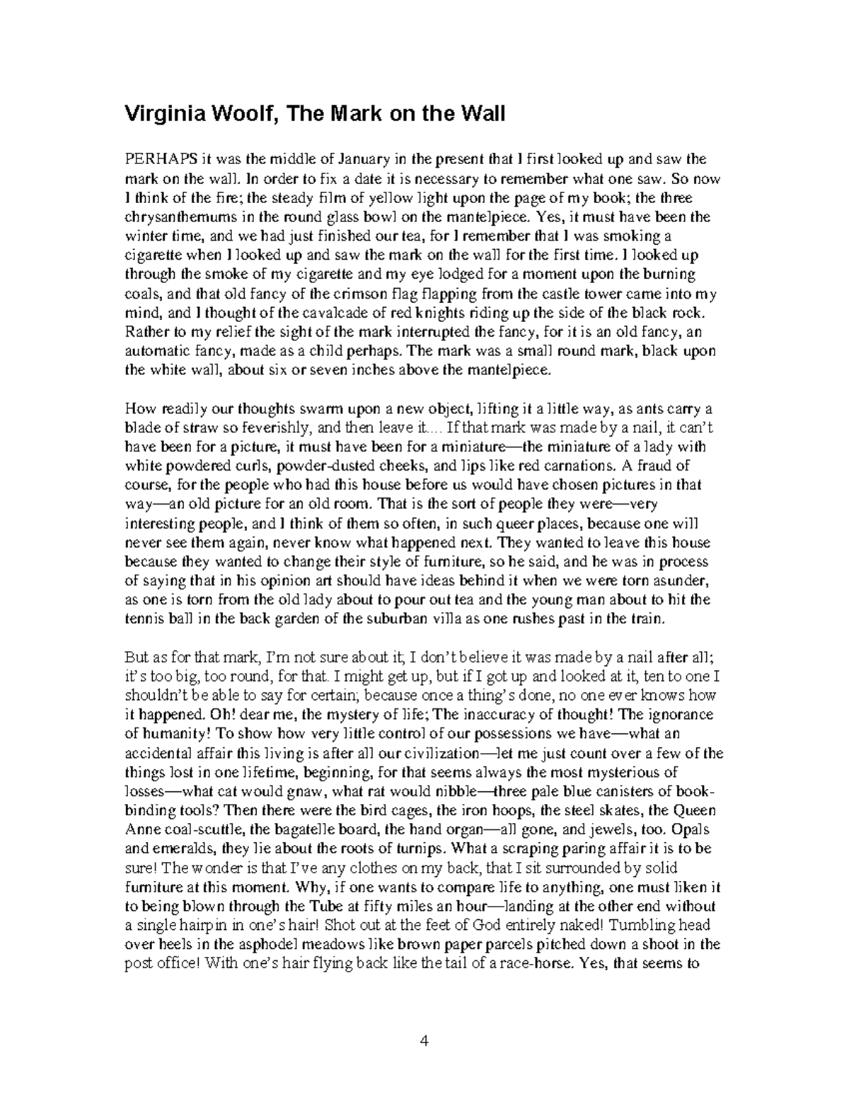 The Mark on the Wall - Virginia Woolf - Virginia Woolf, The Mark on the ...