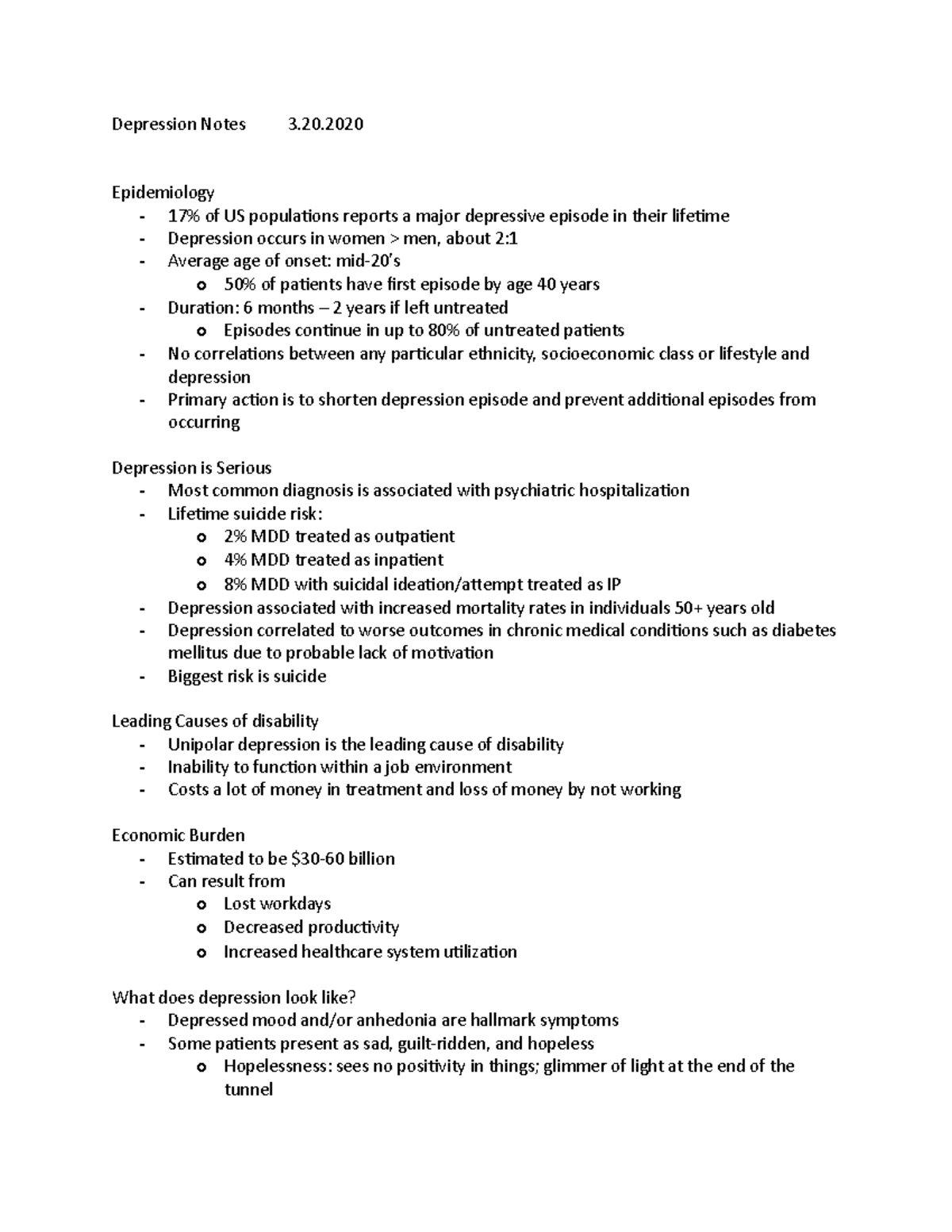 Depression notes, meds, and examples - Depression Notes 3. Epidemiology ...