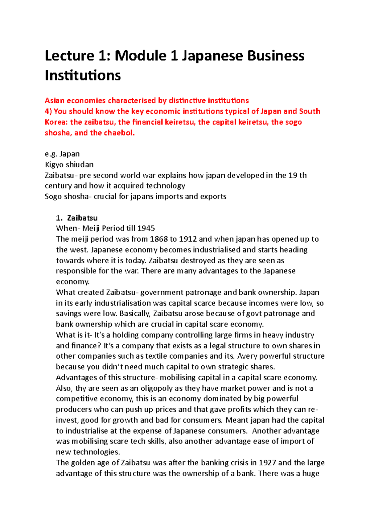 Asian business enviroment notes - Lecture 1: Module 1 Japanese Business ...