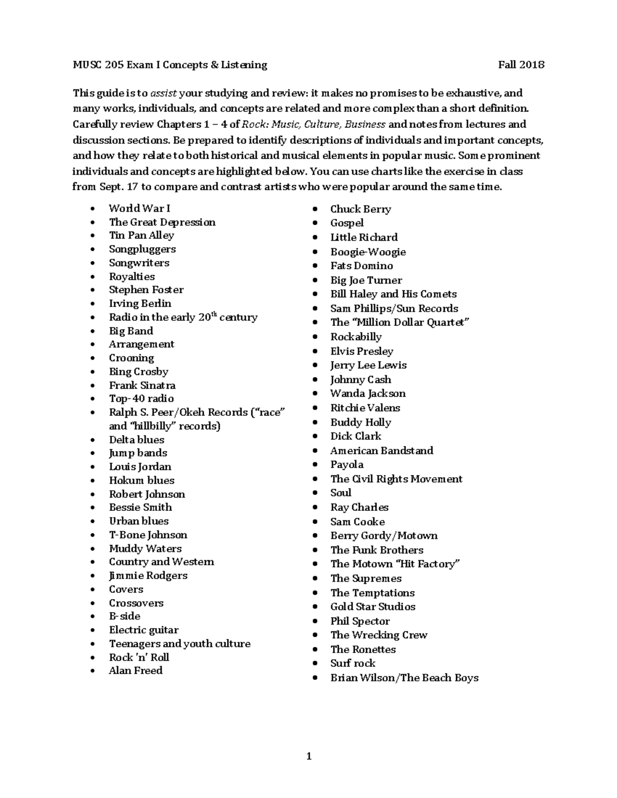MUS 205 Exam I study guide FA18 - MUSC 205 Exam I Concepts & Listening ...