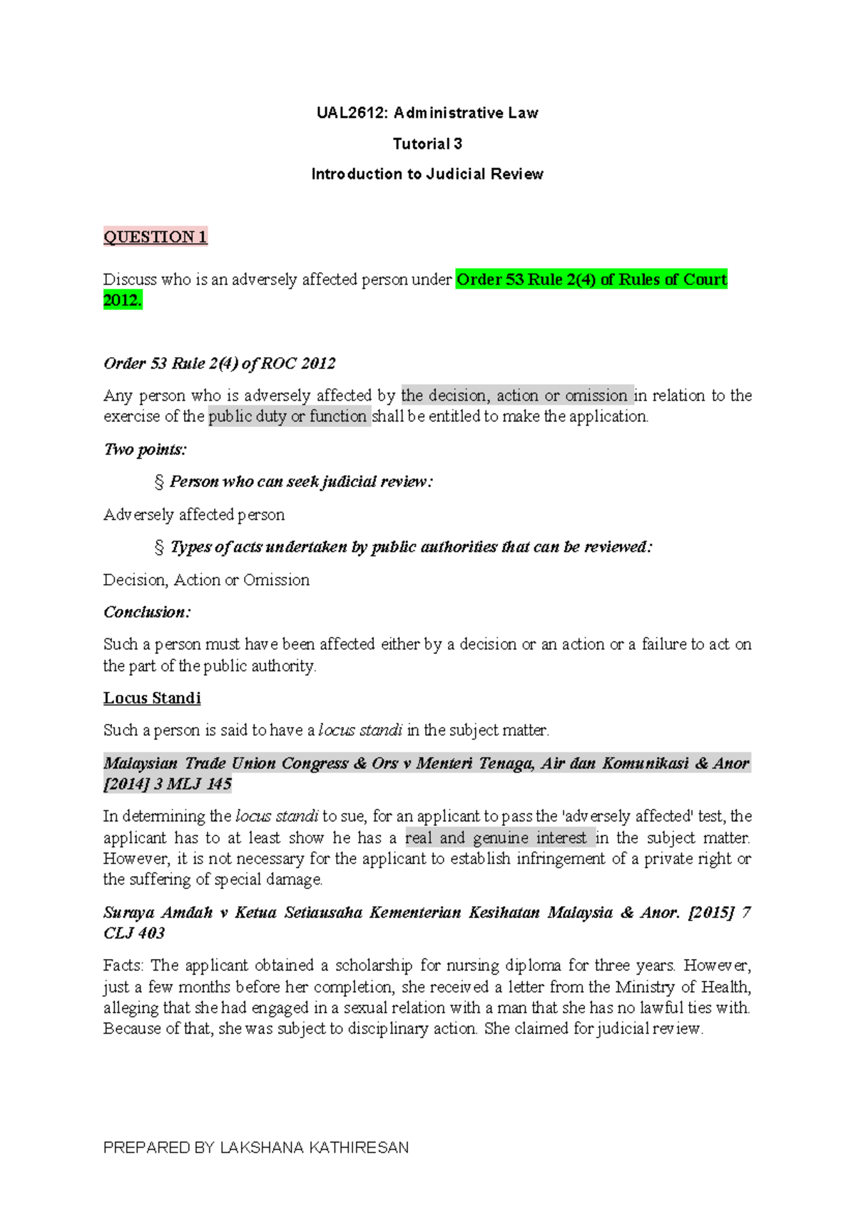 Admin LAW TUTO W3 - UAL2612: Administrative Law Tutorial 3 Introduction ...