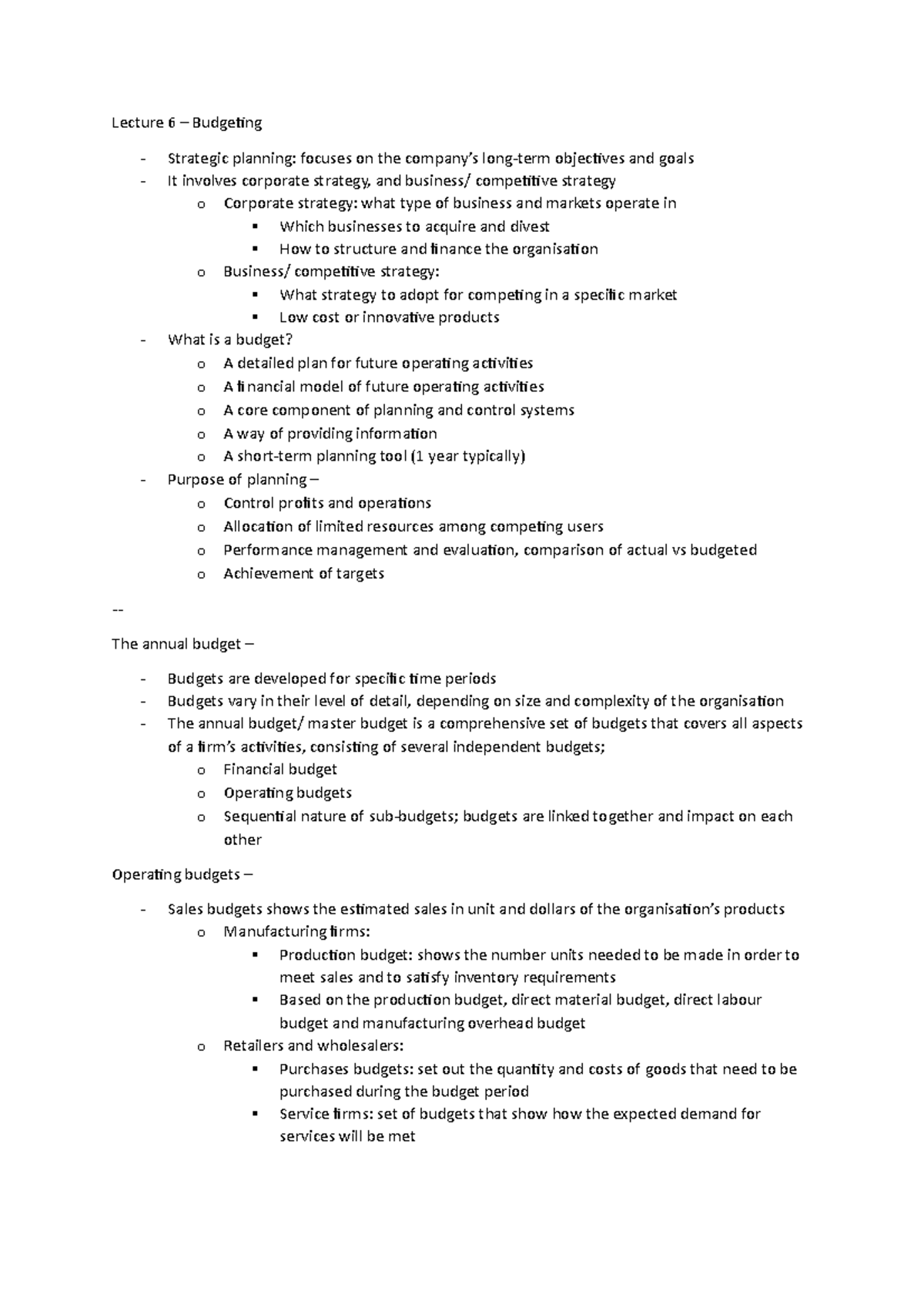 Budgeting Topic Notes - Lecture 6 – Budgeting Strategic planning ...