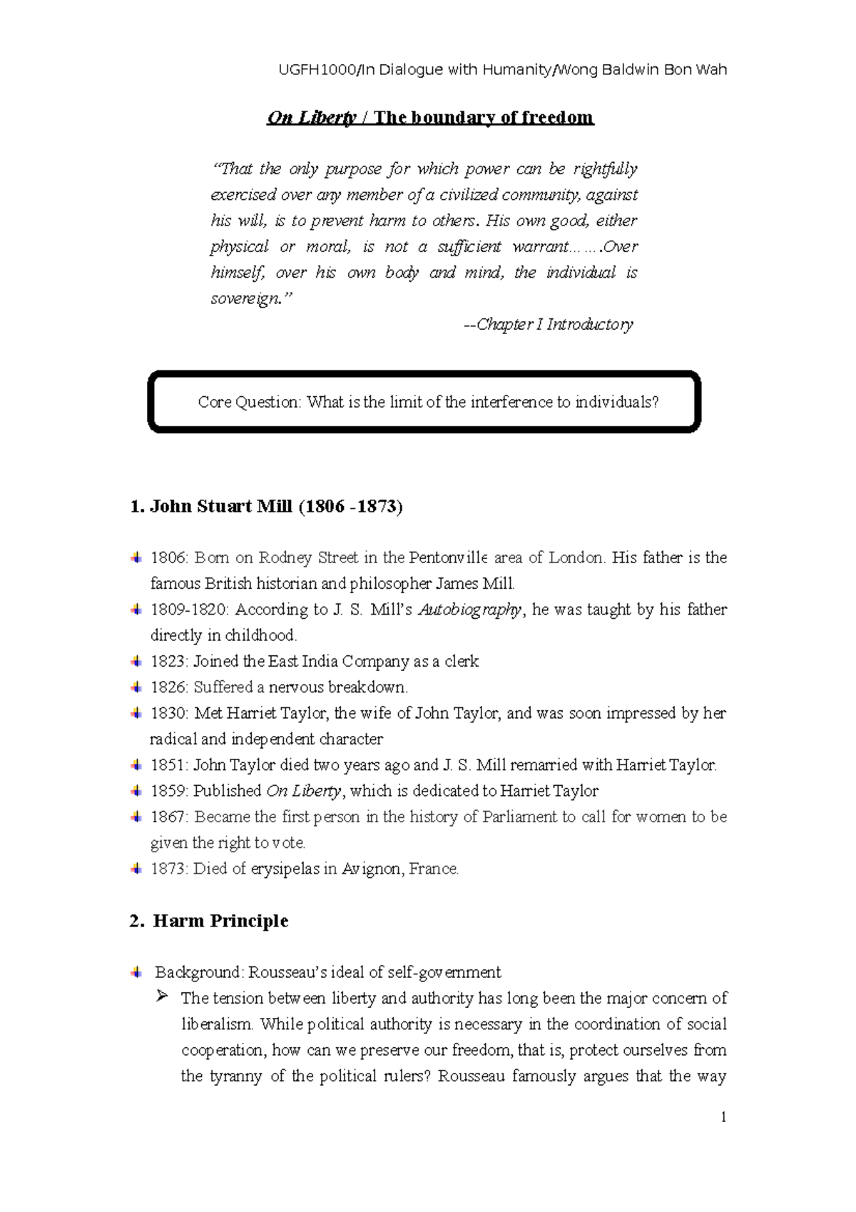 Lecture 10 On Liberty (Lecture Note) - UGFH1000/In Dialogue with ...