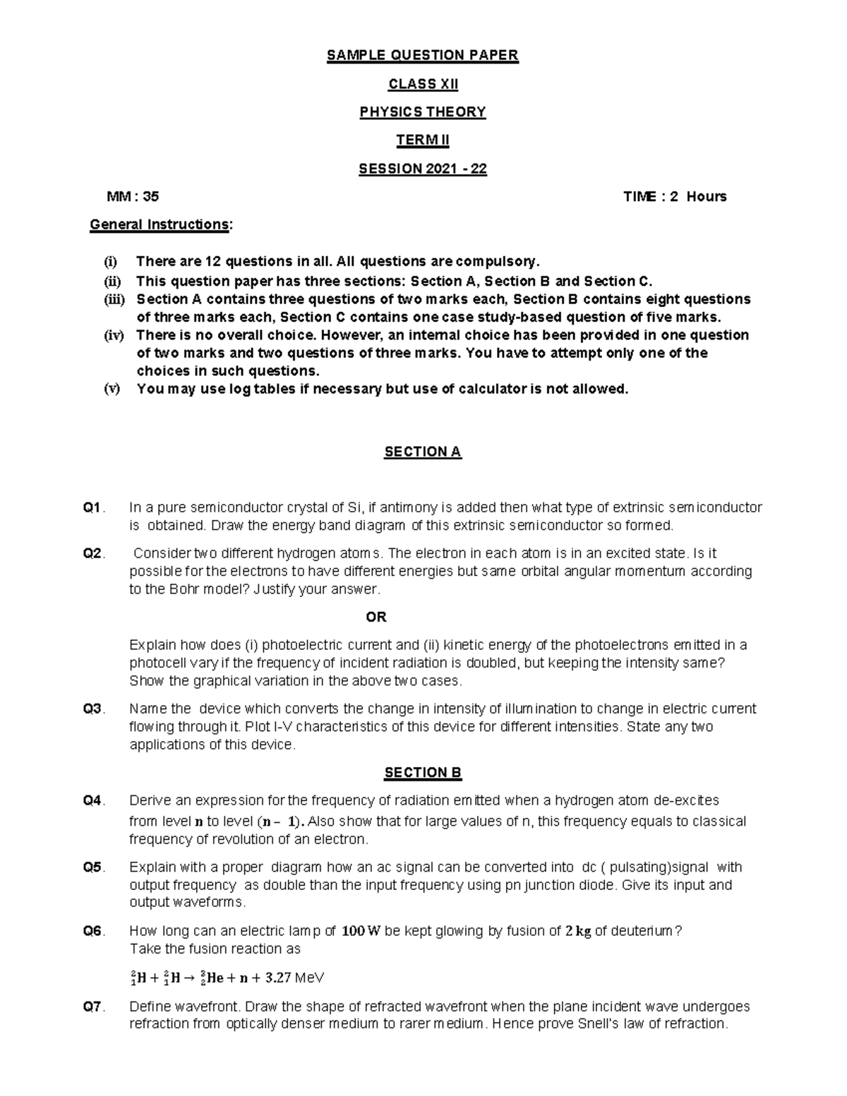Official Term-2 Sample Paper - SAMPLE QUESTION PAPER CLASS XII PHYSICS ...
