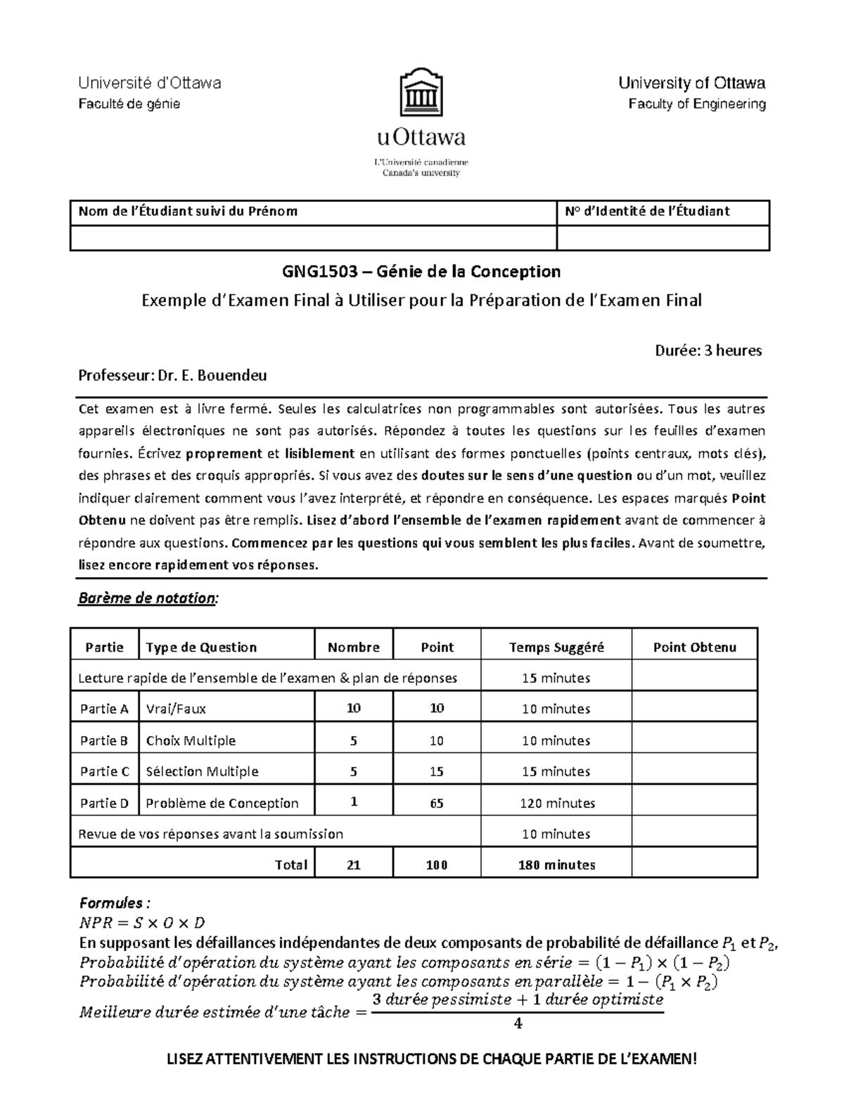 Exemple Examen Final-GNG1503 - Université d’Ottawa Faculté de génie ...