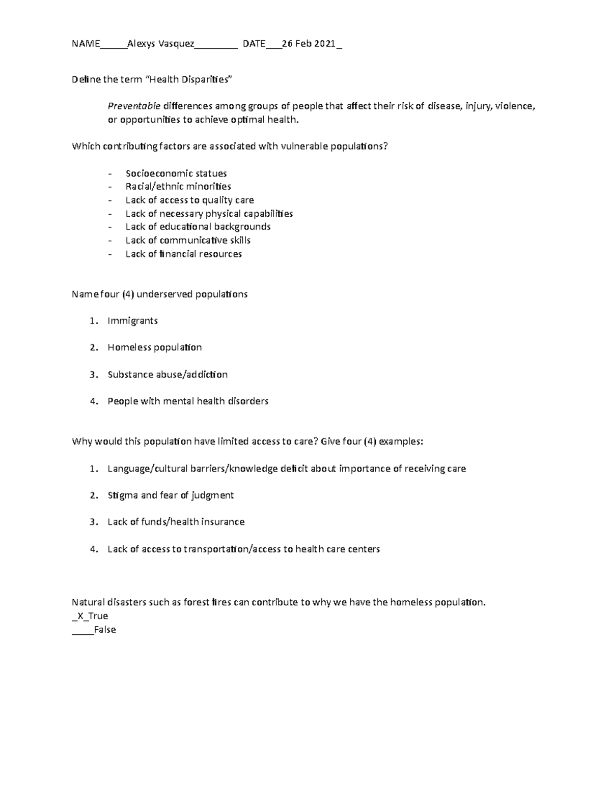 Week 9 Worksheet on Underserved Populations NUR 201 - NAME_____Alexys ...