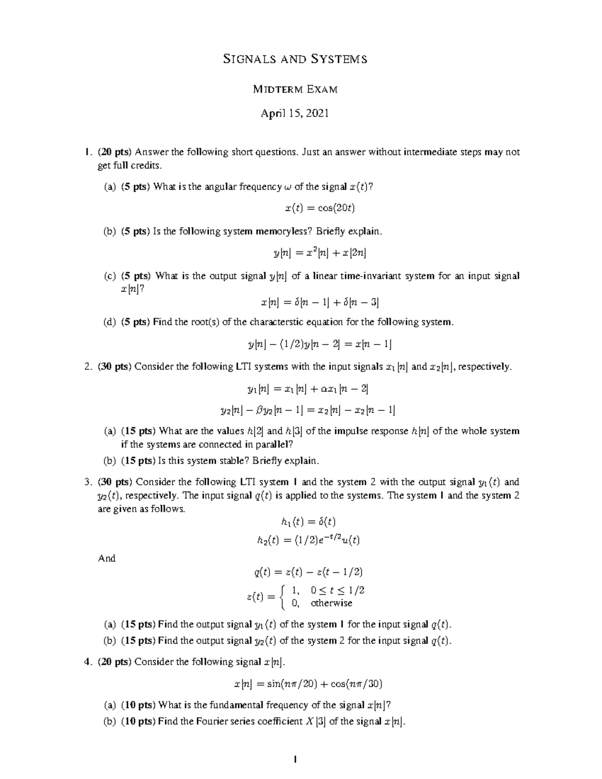 이태진 신호및시스템 21년 1학기 중간고사 - kjnkjjkkkhkhkj - SIGNALS AND SYSTEMS MIDTERM ...