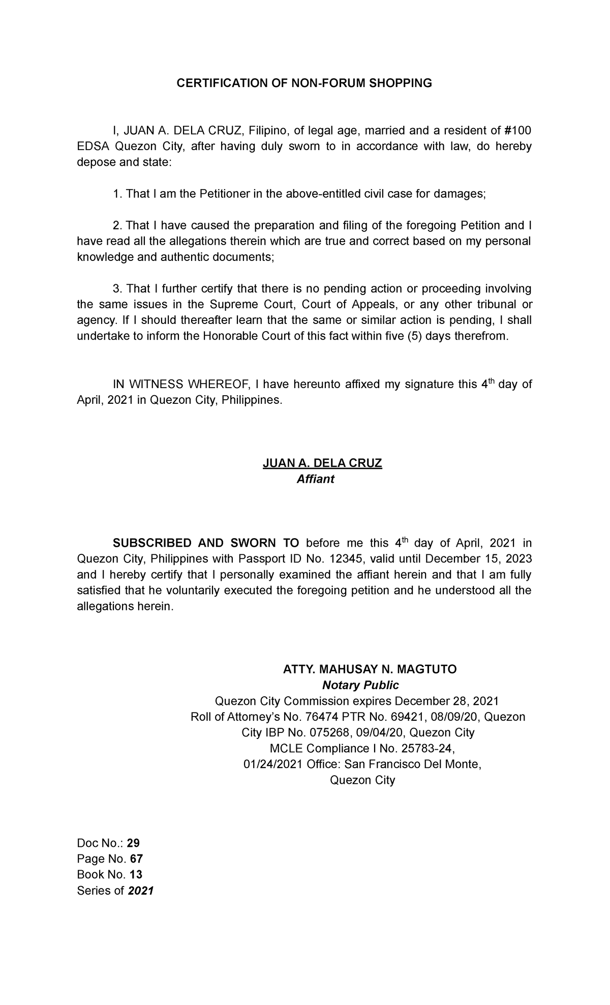 Verification - CERTIFICATION OF NON-FORUM SHOPPING I, JUAN A. DELA CRUZ ...
