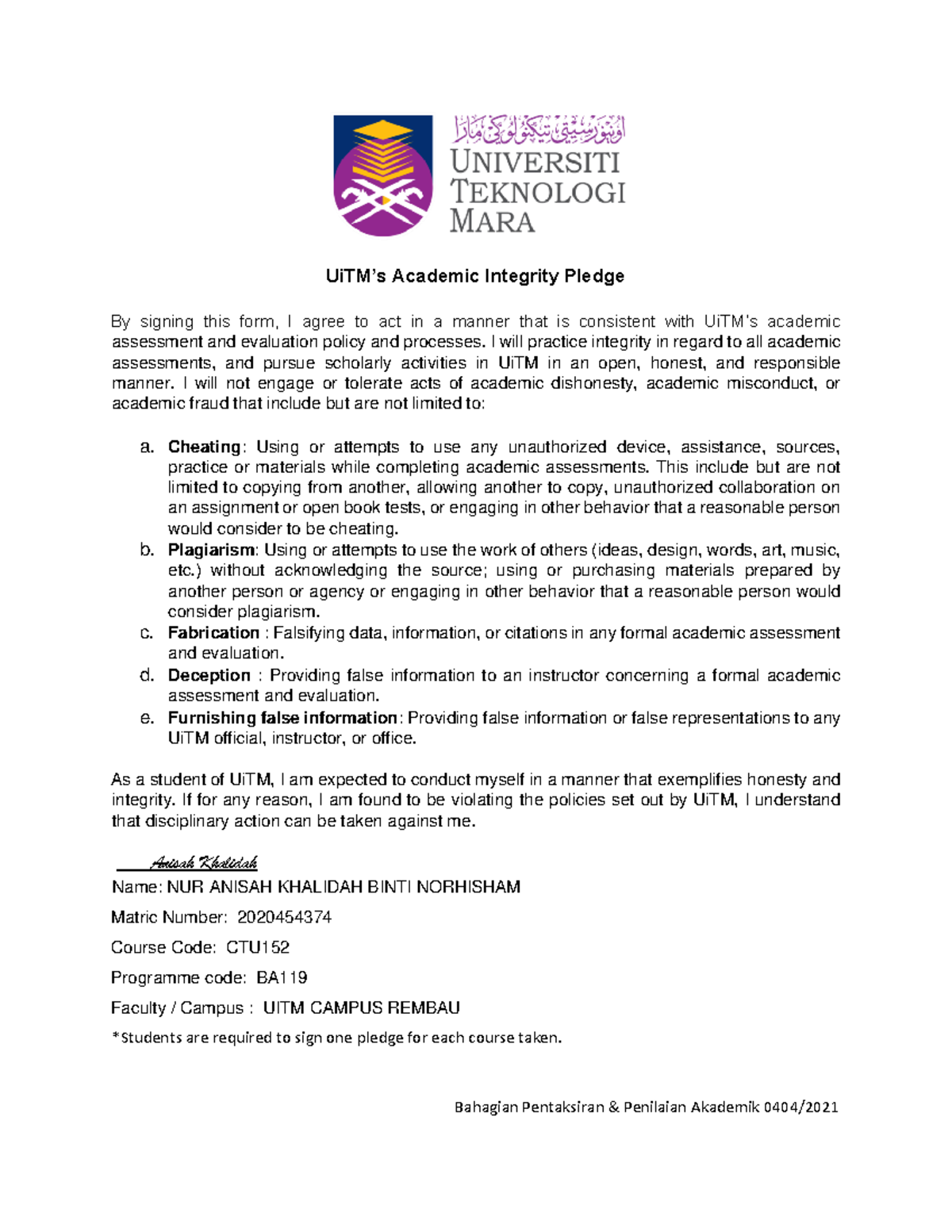 Academic Integrity 0404(Nur Anisah Khalidah) - UiTM’s Academic ...