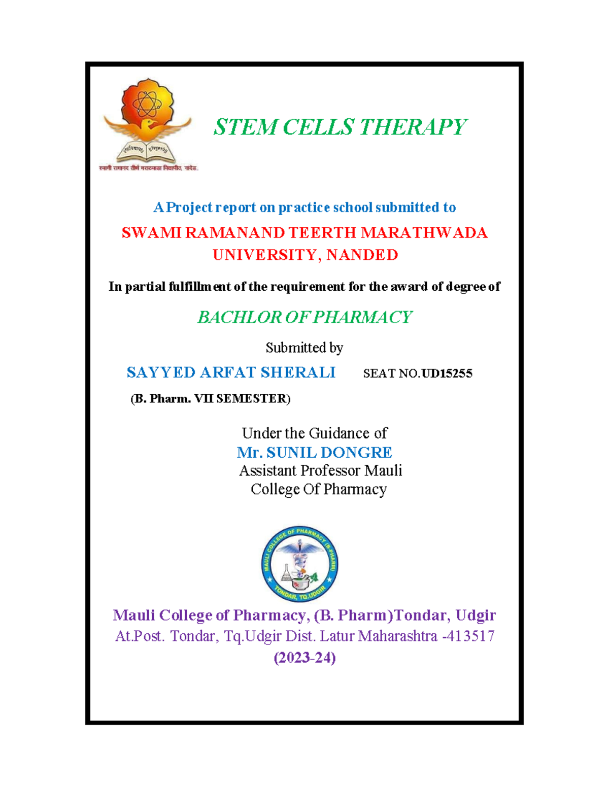 Rheumatoid Arthritis Project - STEM CELLS THERAPY A Project report on ...