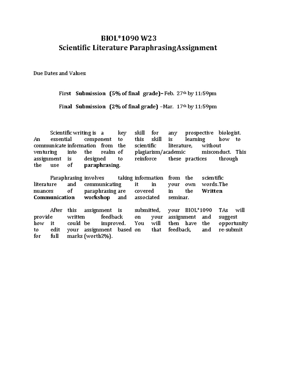 Scientific Literature Paraphrasing Assignment Instructions W23 - BIOL*1090 W Scientific ...