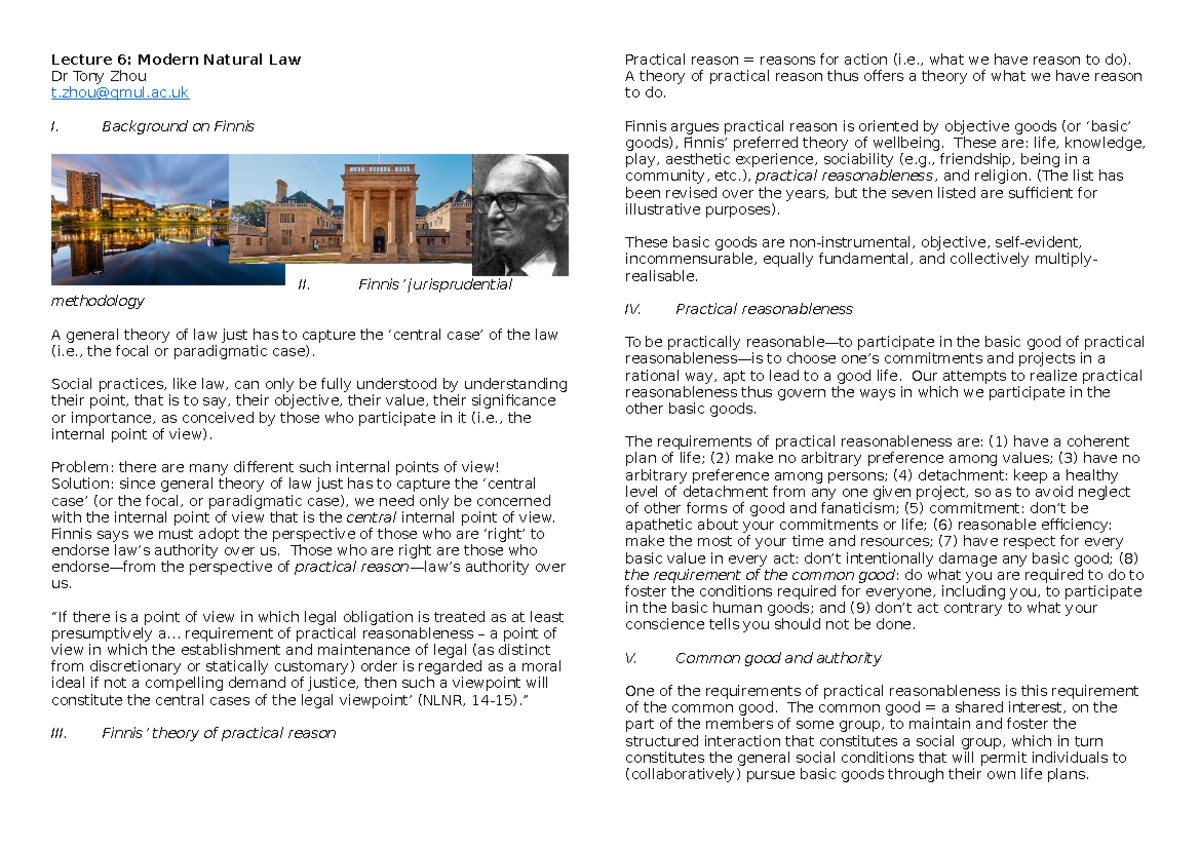 Lecture Handout - Finnis - Lecture 6: Modern Natural Law Dr Tony Zhou t ...