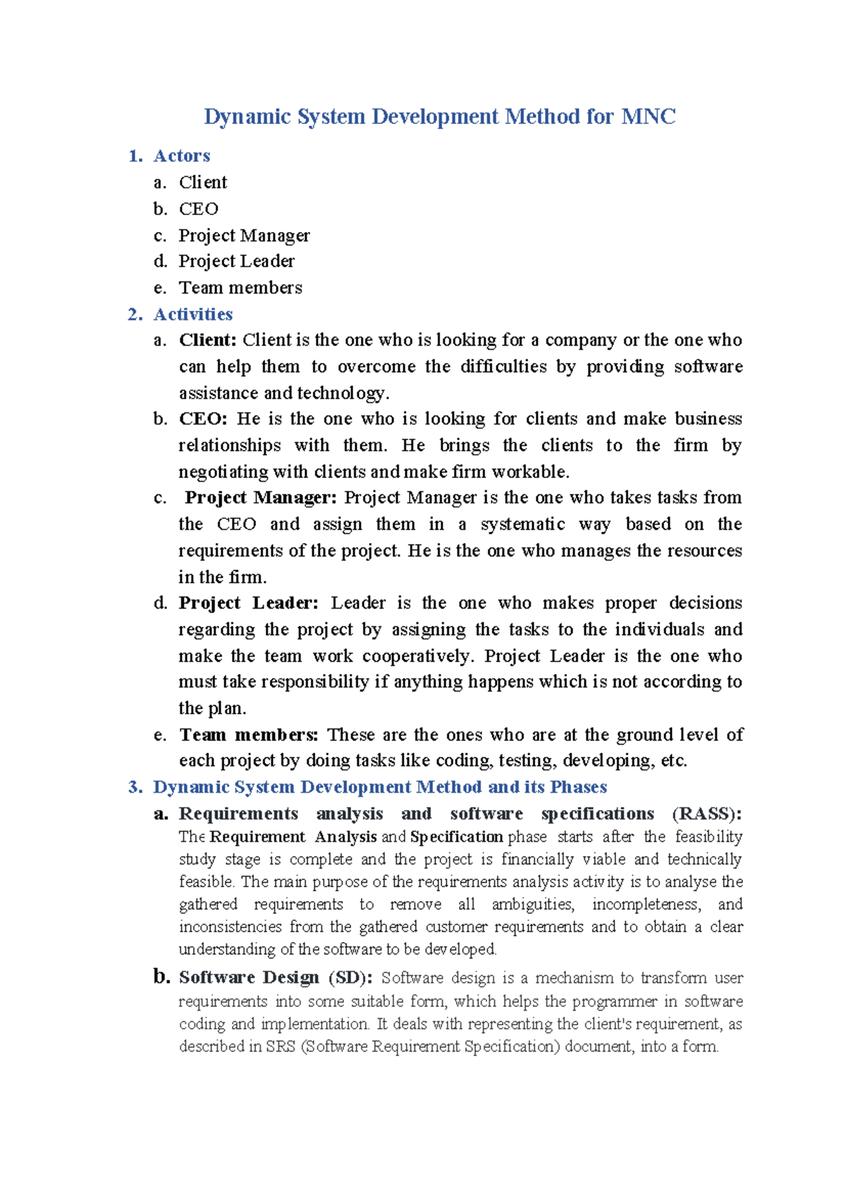 Dynamic system Development Method for MNC - Actors a. Client b. CEO c ...