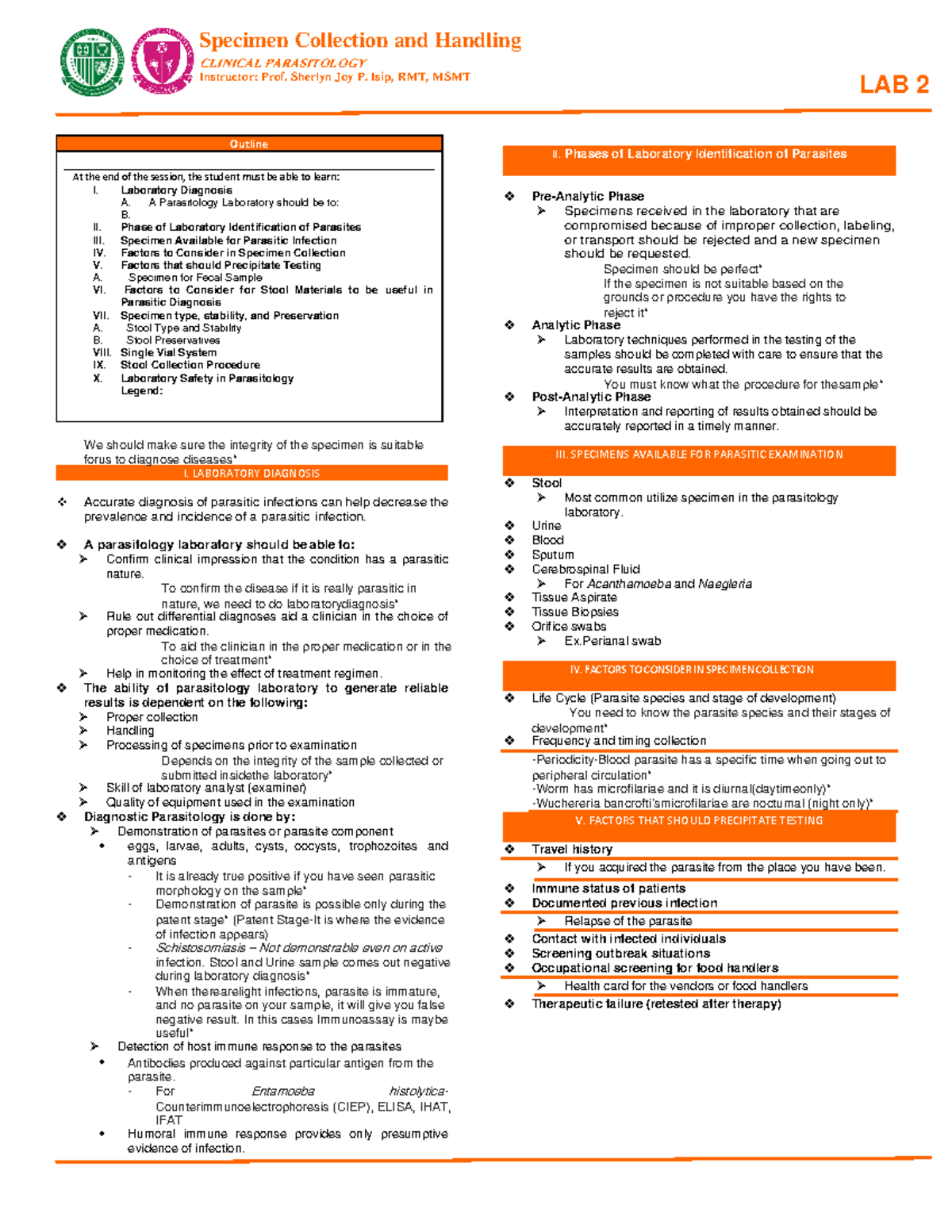 PARA LAB Trans 2 - LAB - Outline At the end of the session, the student ...