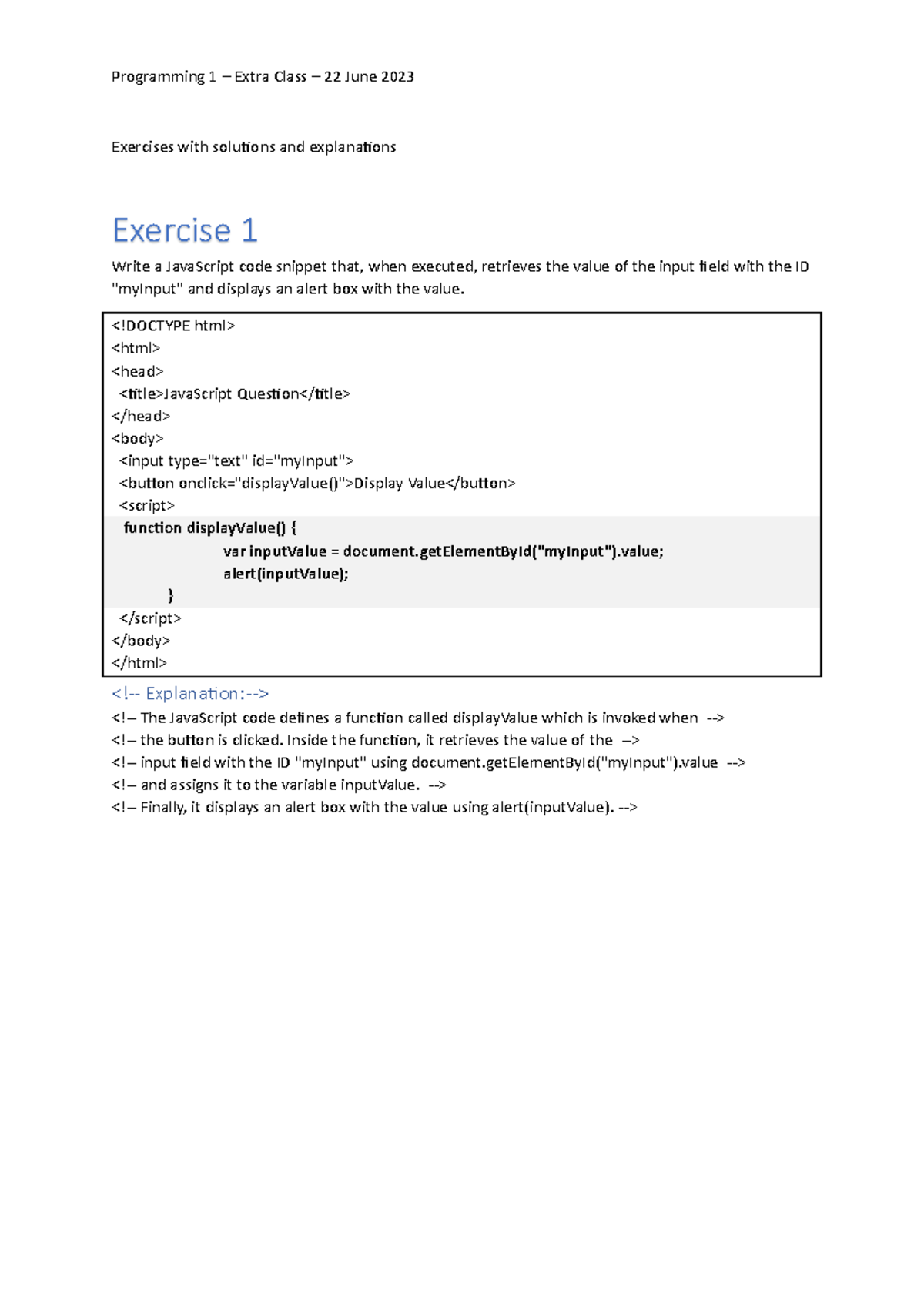 Javascript Exercise 22june2023 Programming 1 Extra Class 22 June 2023 Exercises With
