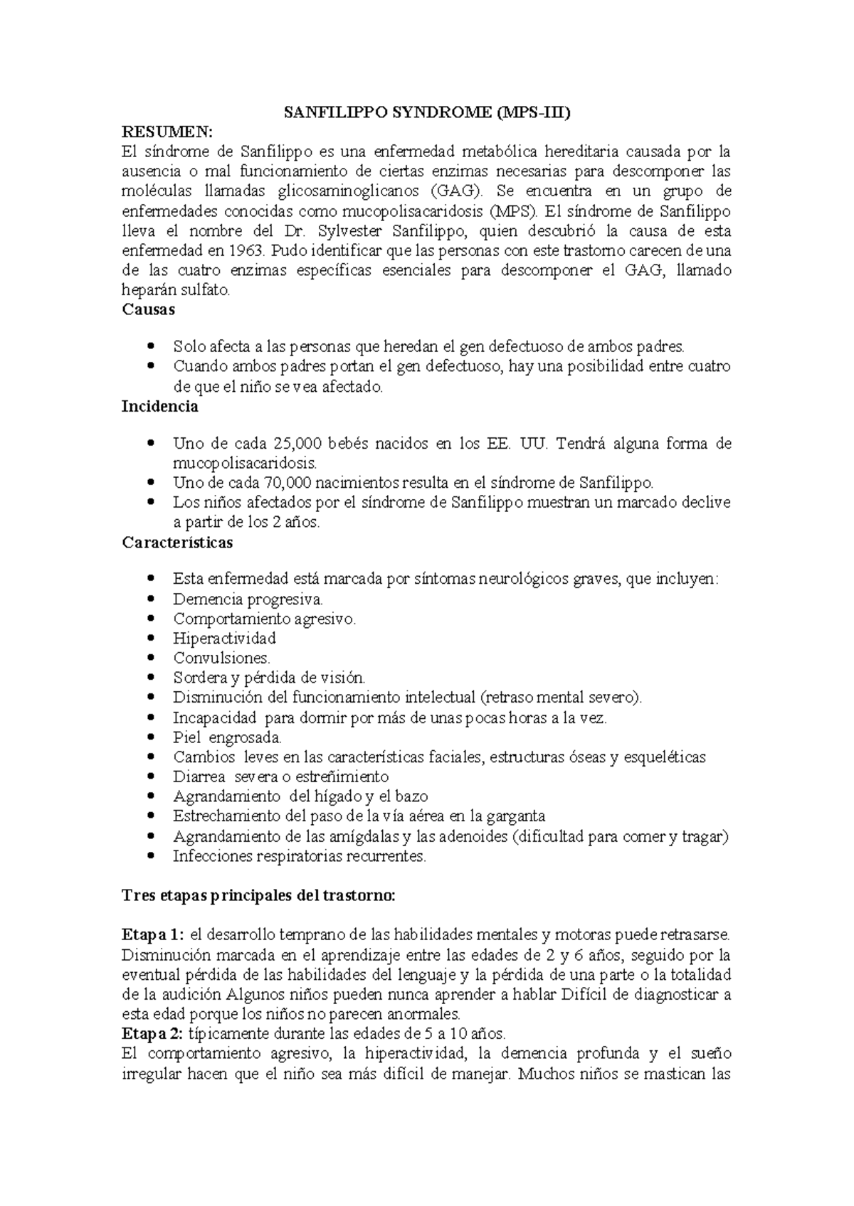 Sanfilippo Syndrome - Summary Peatria - SANFILIPPO SYNDROME (MPS-III) RESUMEN: El síndrome de ...
