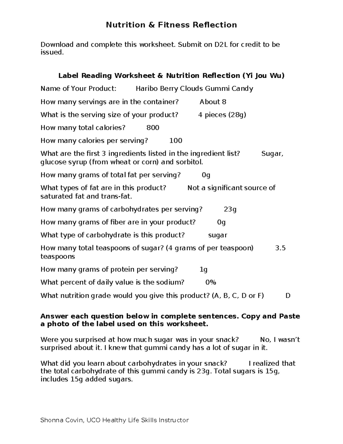 Nutrtition & Fitness Reflection (Yi-Jou Wu) - Nutrition & Fitness ...