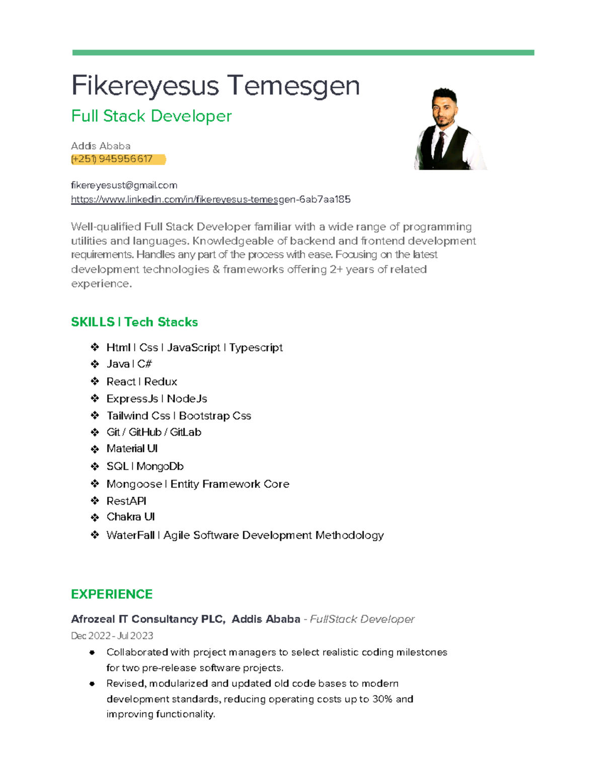 Fikereyesus-Temesgen Resume - Full Stack Developer Well-qualified Full ...