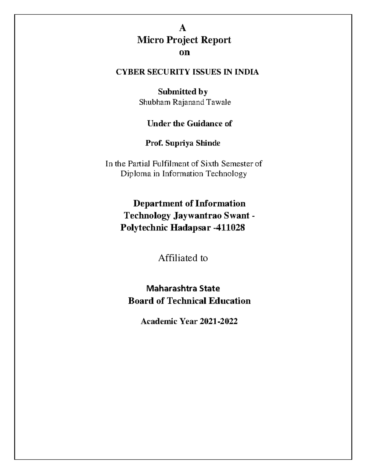 NIS microproject 2 - A Micro Project Report on ####### CYBER SECURITY ISSUES IN INDIA Submitted ...