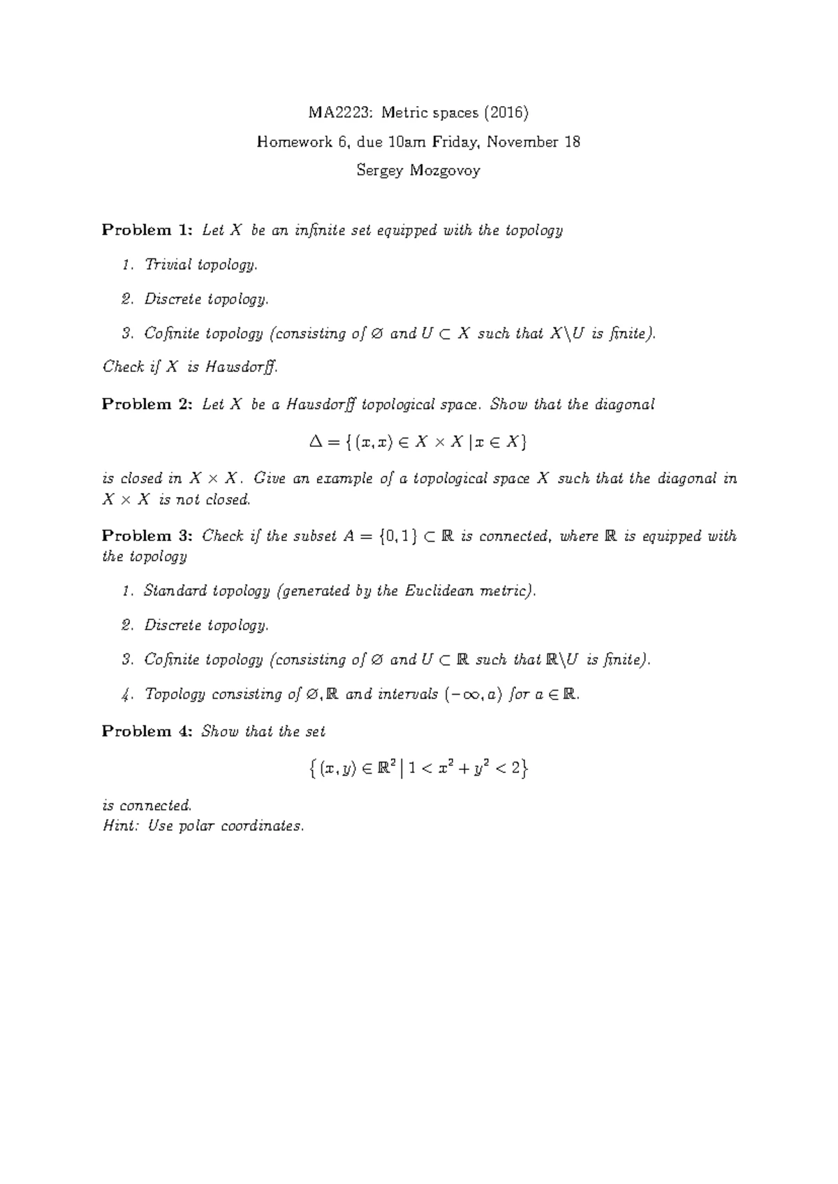 MA2223 2016-2017 Solutions - Homework 1-5 - MA2223: Metric spaces (2016) Homework 1, Solutions ...