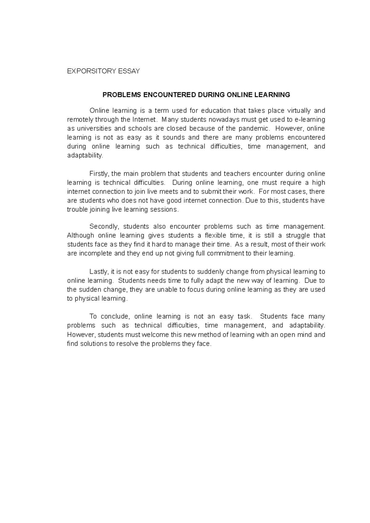 Exporsitory Essay 4 - EXPORSITORY ESSAY PROBLEMS ENCOUNTERED DURING ...