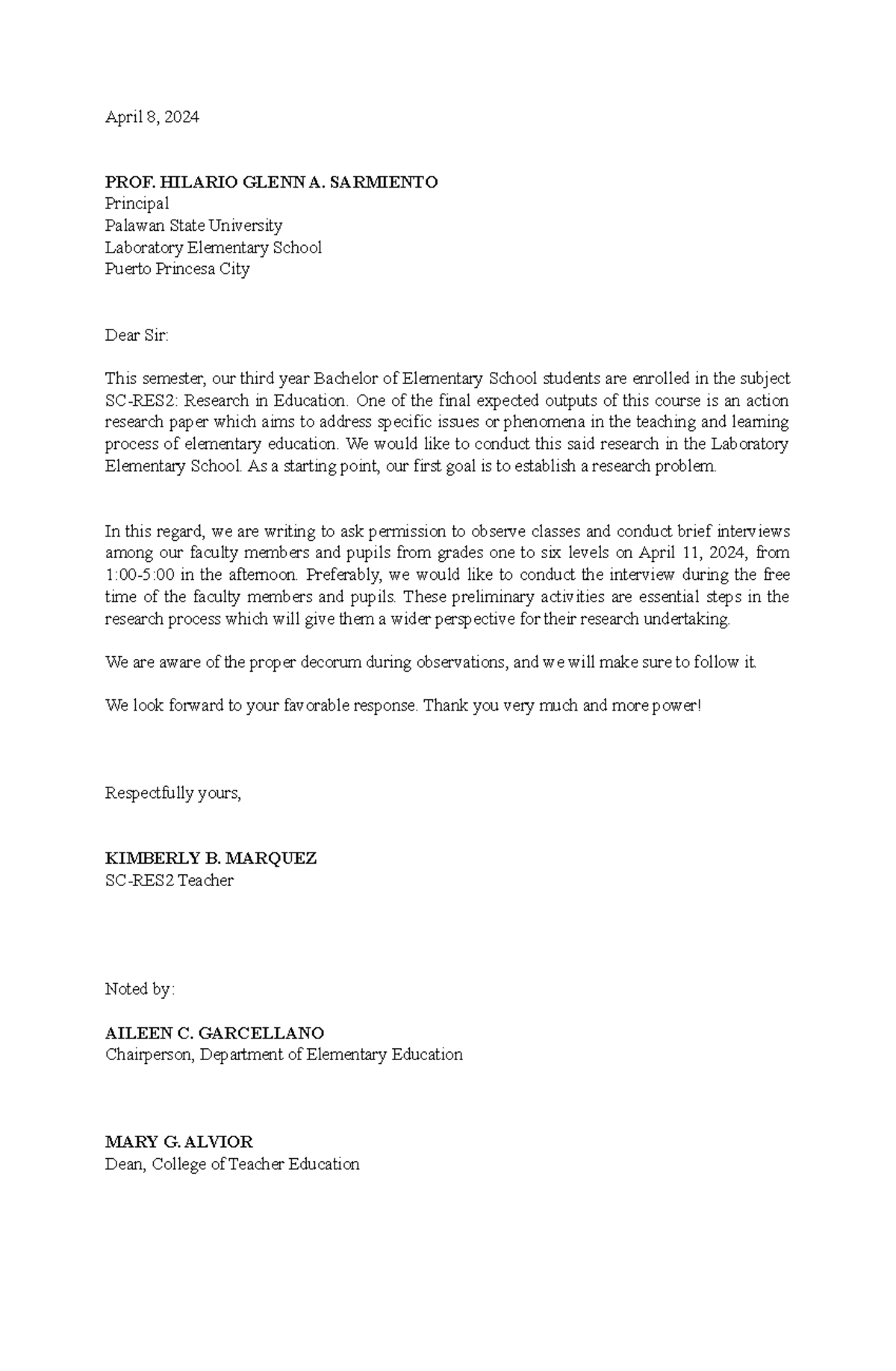 Letter for Action Research Observation - April 8, 2024 PROF. HILARIO ...